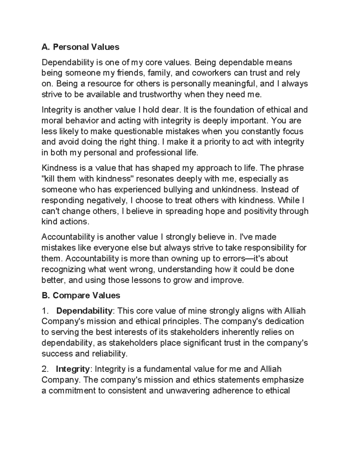 D082 Task 2 WGU - A. Personal Values Dependability is one of my core values. Being dependable ...