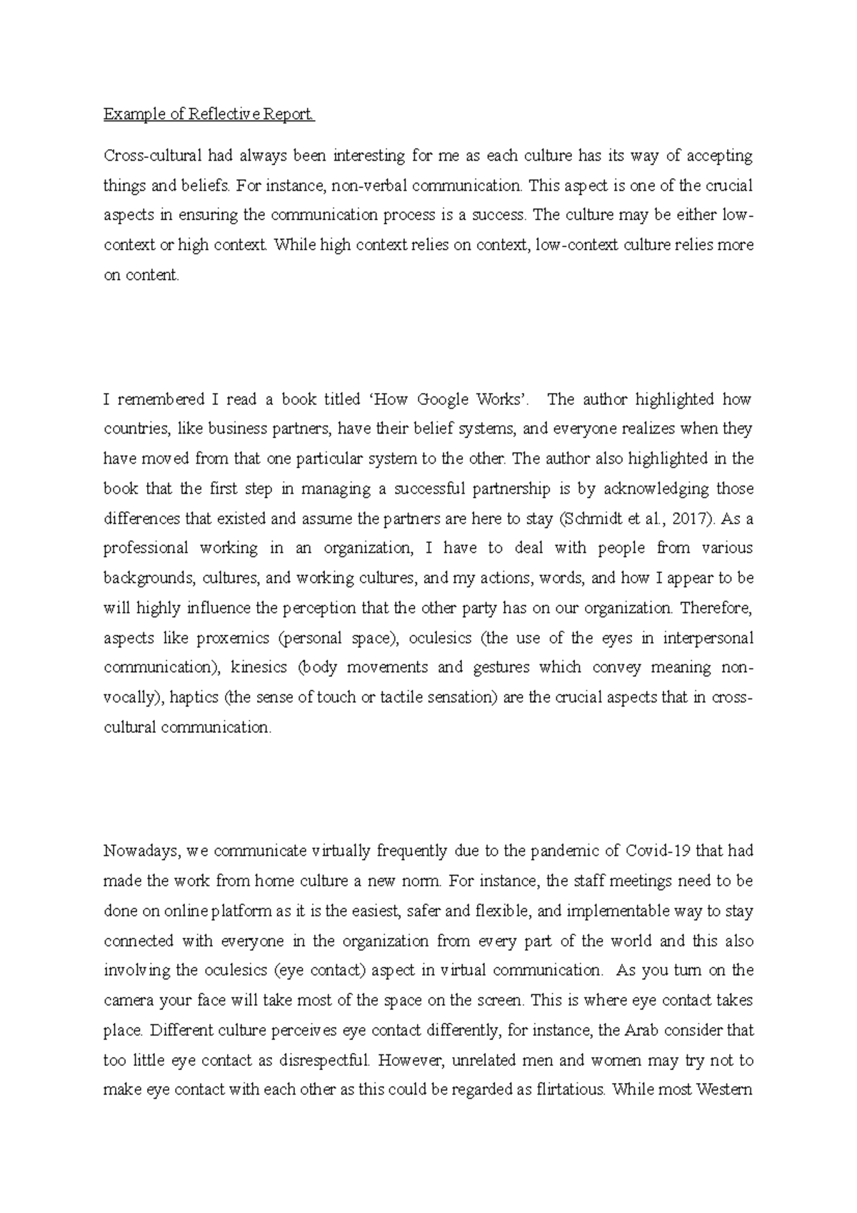 Example of Reflective Report - Cross-cultural had always been ...