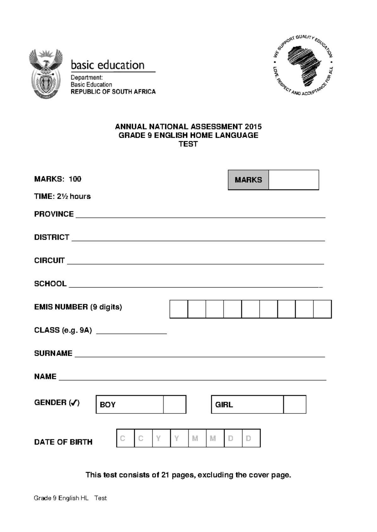 2015 Grade 9 English HL Test - ANNUAL NATIONAL ASSESSMENT 2015 GRADE 9 ...