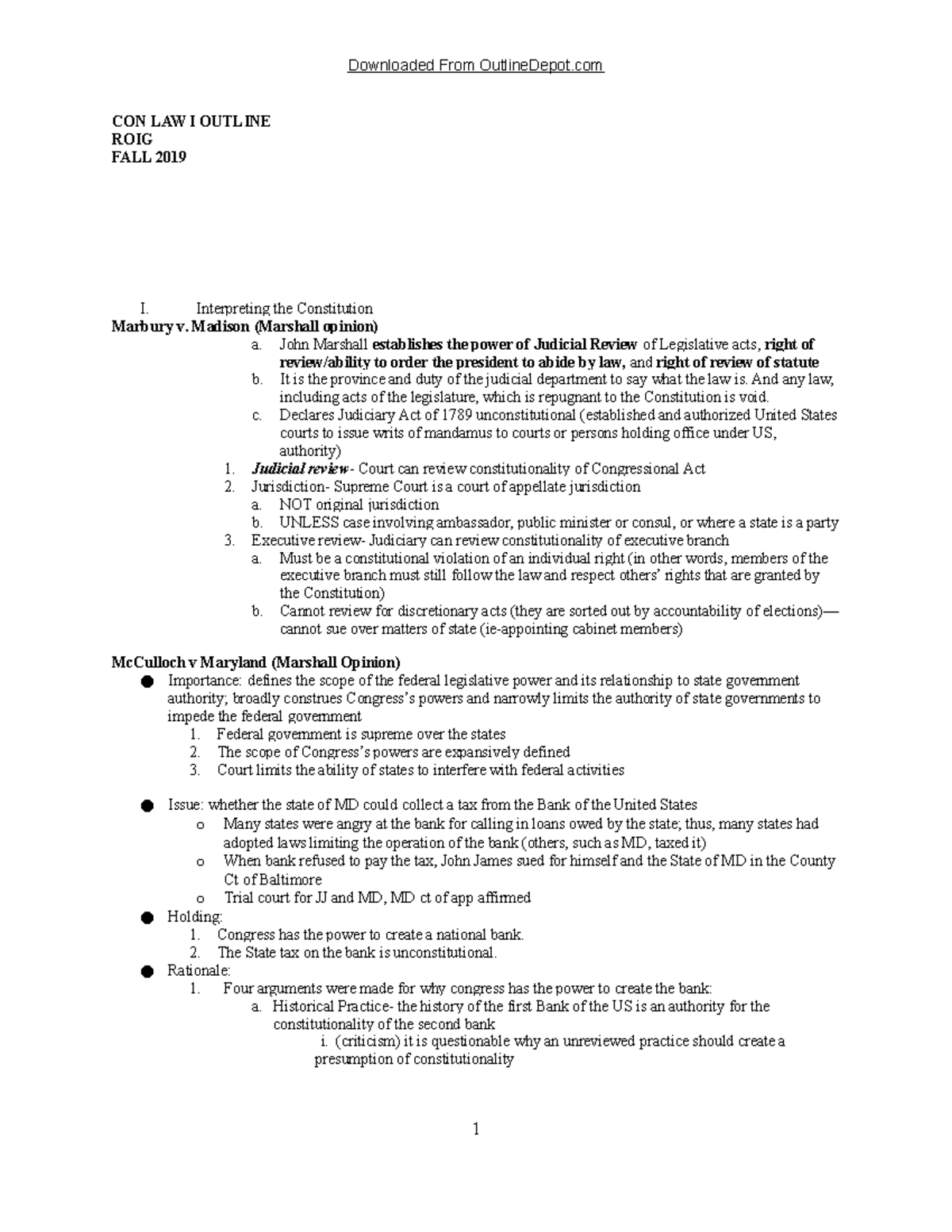 Touro Con Law I Outline 2020 Full Semester Notes and Casebook Briefings ...