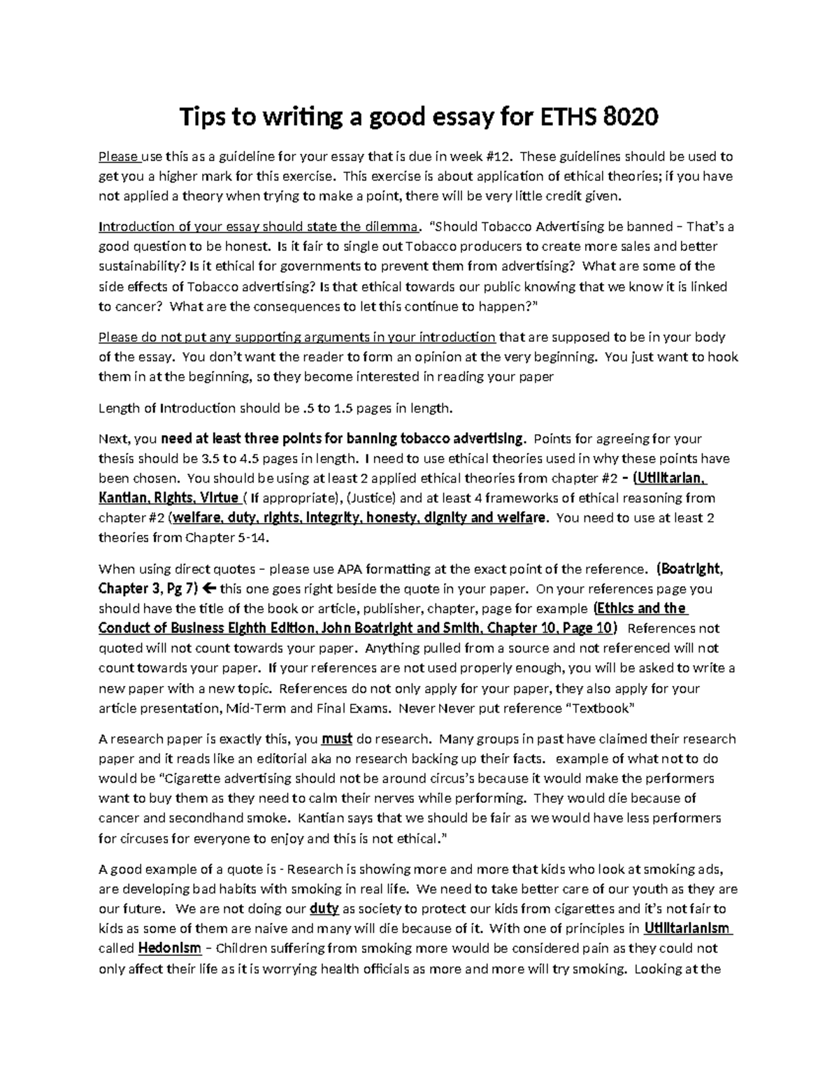 Tips to writing a good essay for ETHS 8020 - These guidelines should be ...