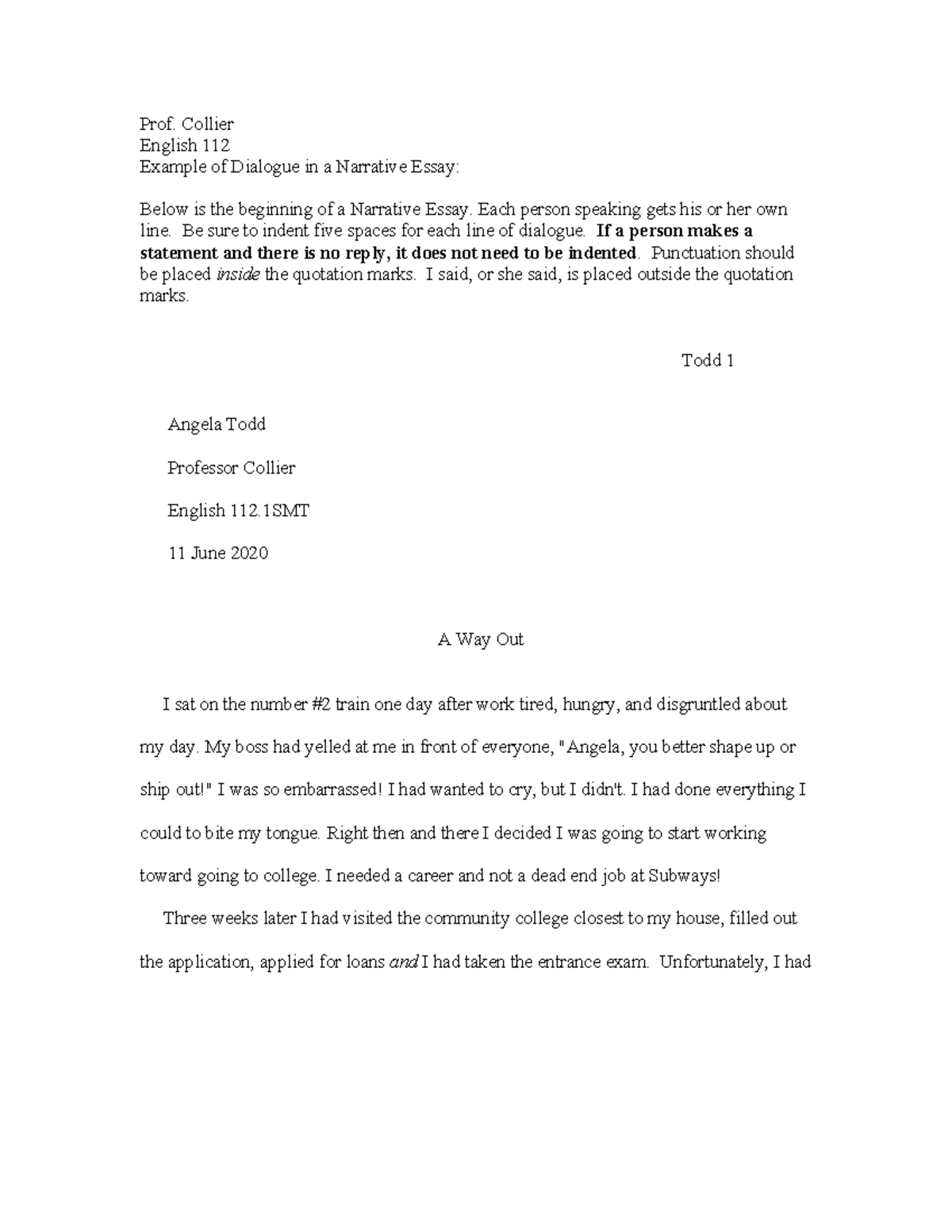 Revised Example Dialogue ENG 112 - Prof. Collier English 112 Example of ...