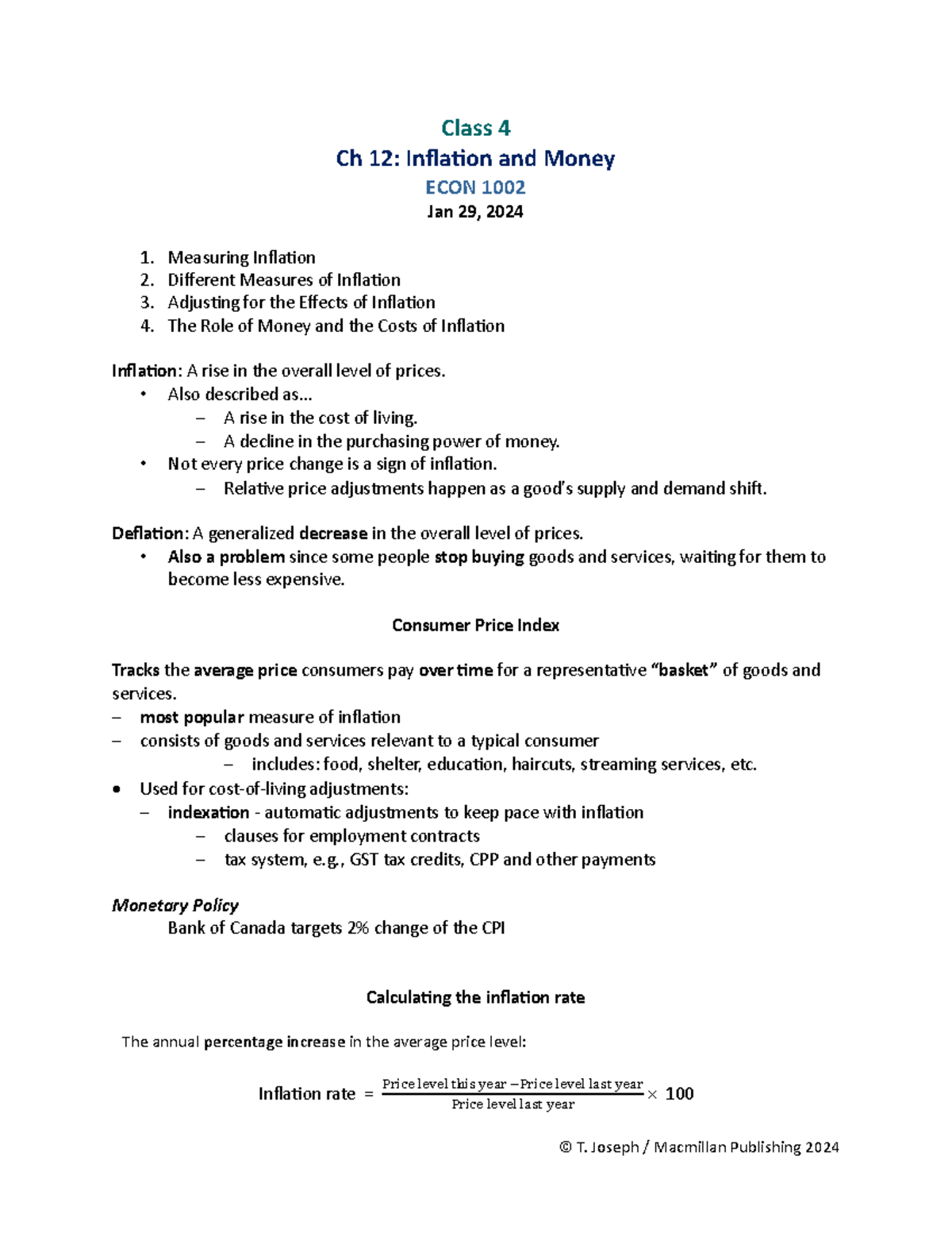 4 In-class Notes - Class 4 Ch 12 : Inflation and Money ECON 100 2 Jan ...