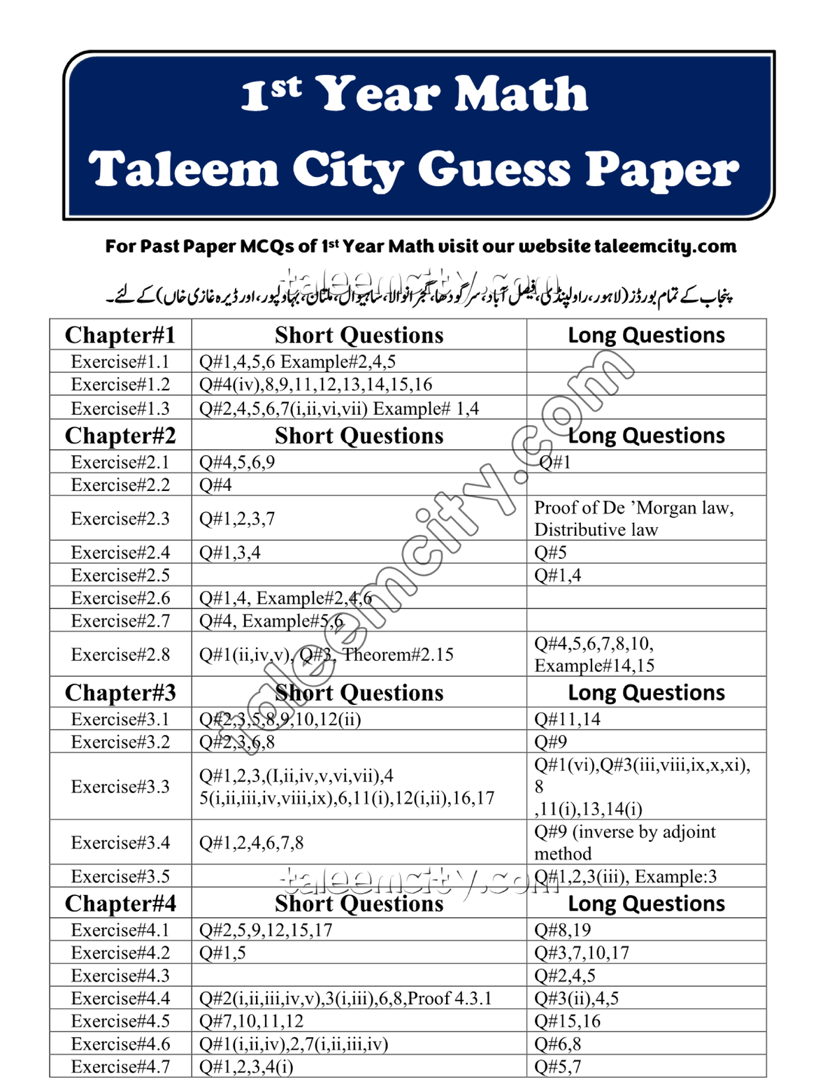 1st Year Math Guess Paper 2023 (taleemcity - MSc Mathematics Syllabubs ...
