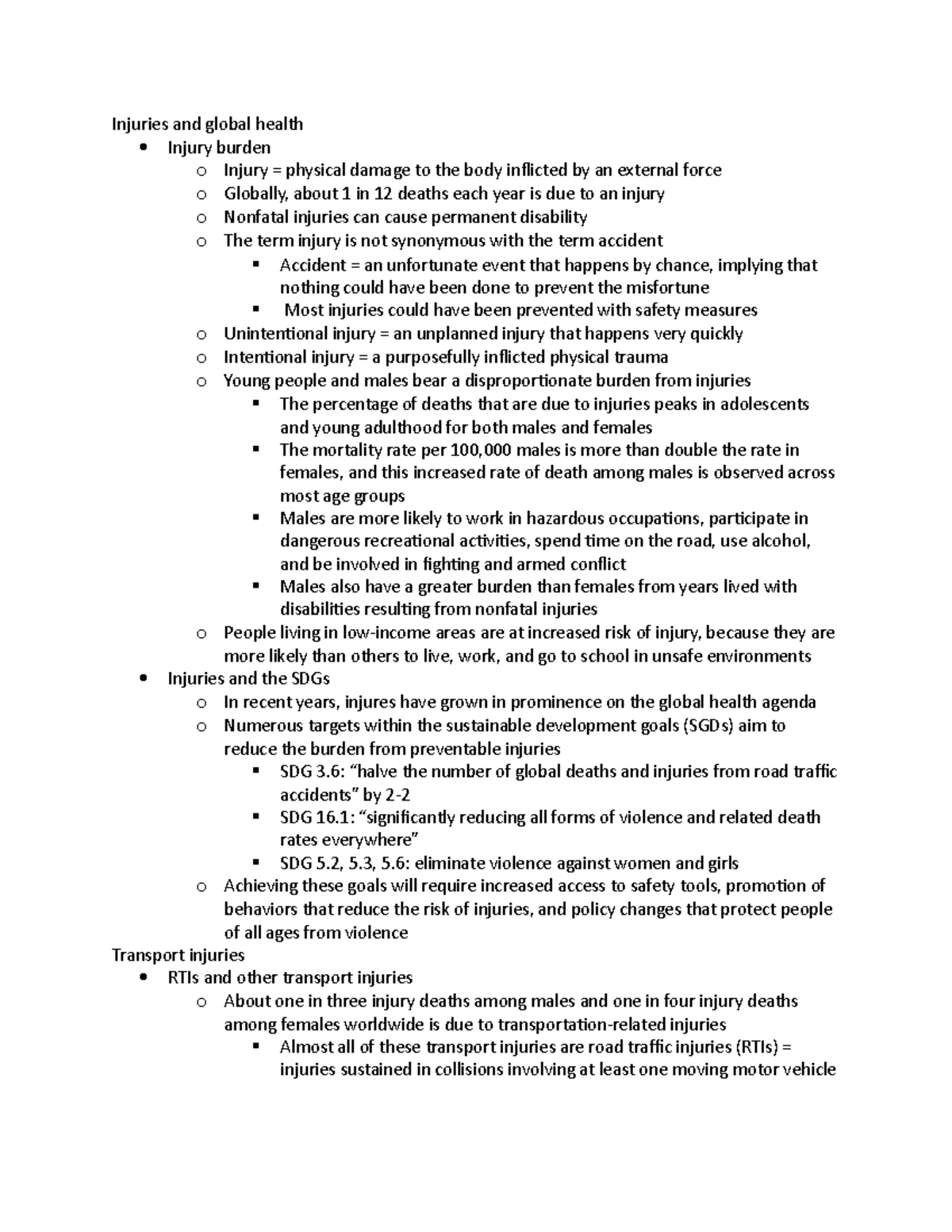 Ch 17 - injuries - Injuries and global health Injury burden o Injury ...