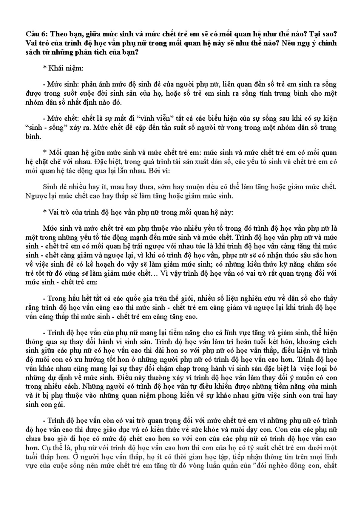 Lý thuyết dspt - Lý thuyết dspt - Câu 6: Theo b愃⌀n, giữa mức sinh v愃 mức ch Āt tr攃ऀ em s攃̀ c漃Ā ...
