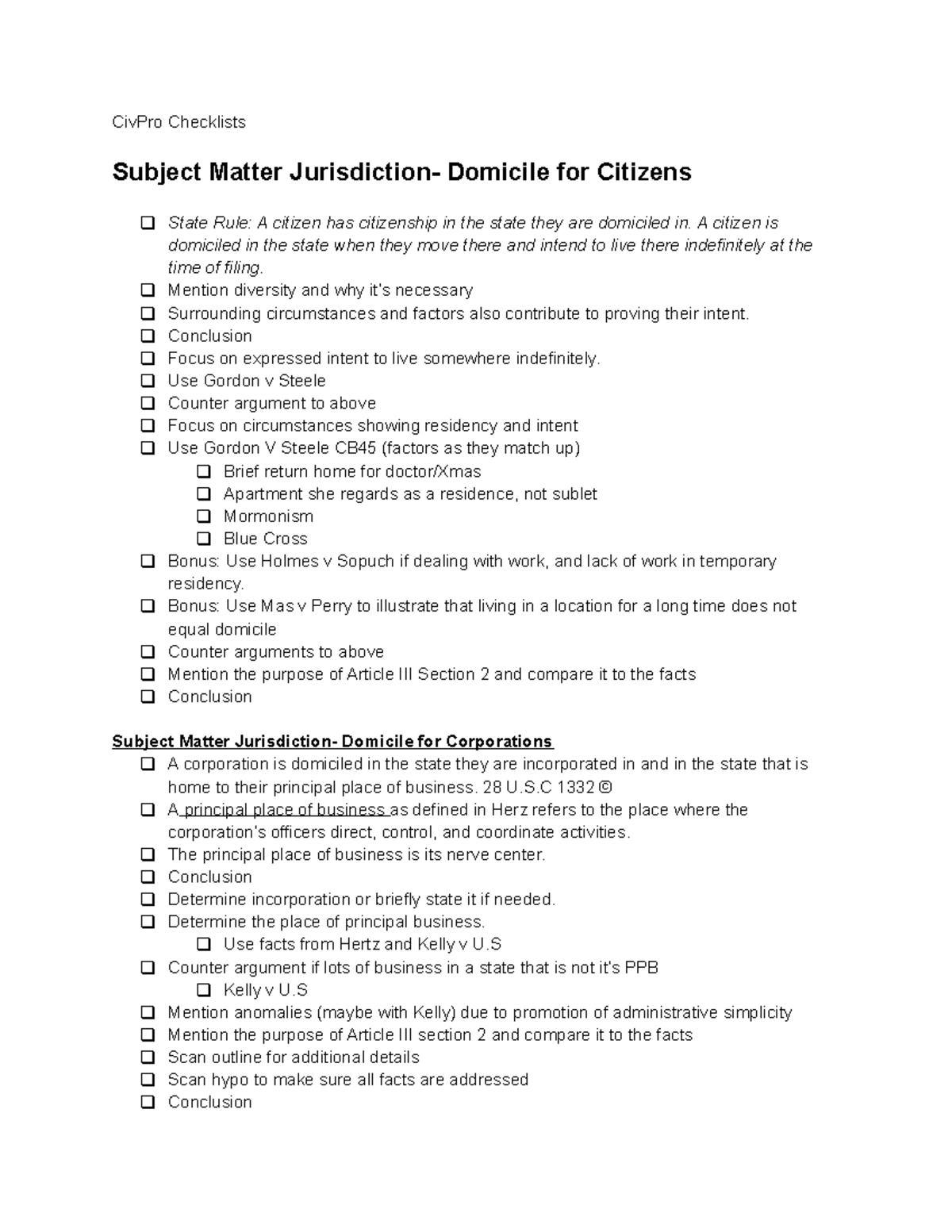 Civ Pro Check lists - Study Guide - CivPro Checklists Subject Matter ...