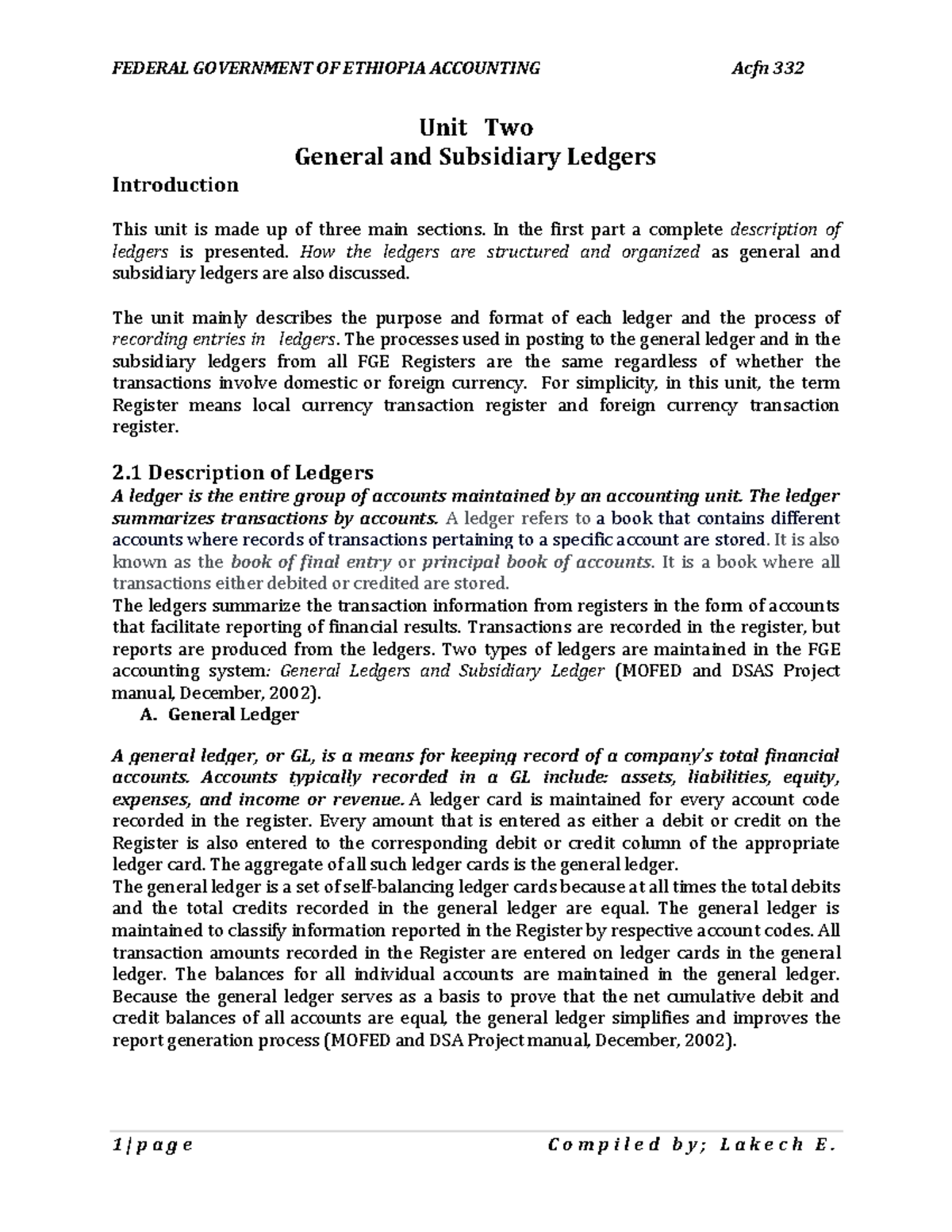 EFG Chapter 2 - government accounting - Unit Two General and Subsidiary Ledgers Introduction ...