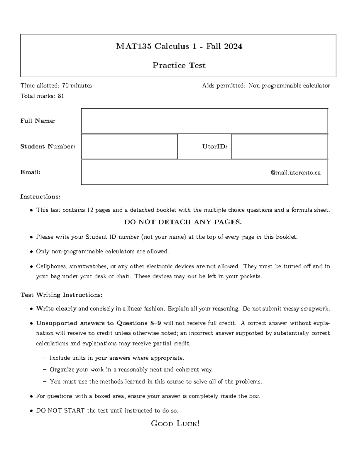 Mat135 f24 practice test - MAT135 Calculus 1 - Fall 2024 Practice Test ...