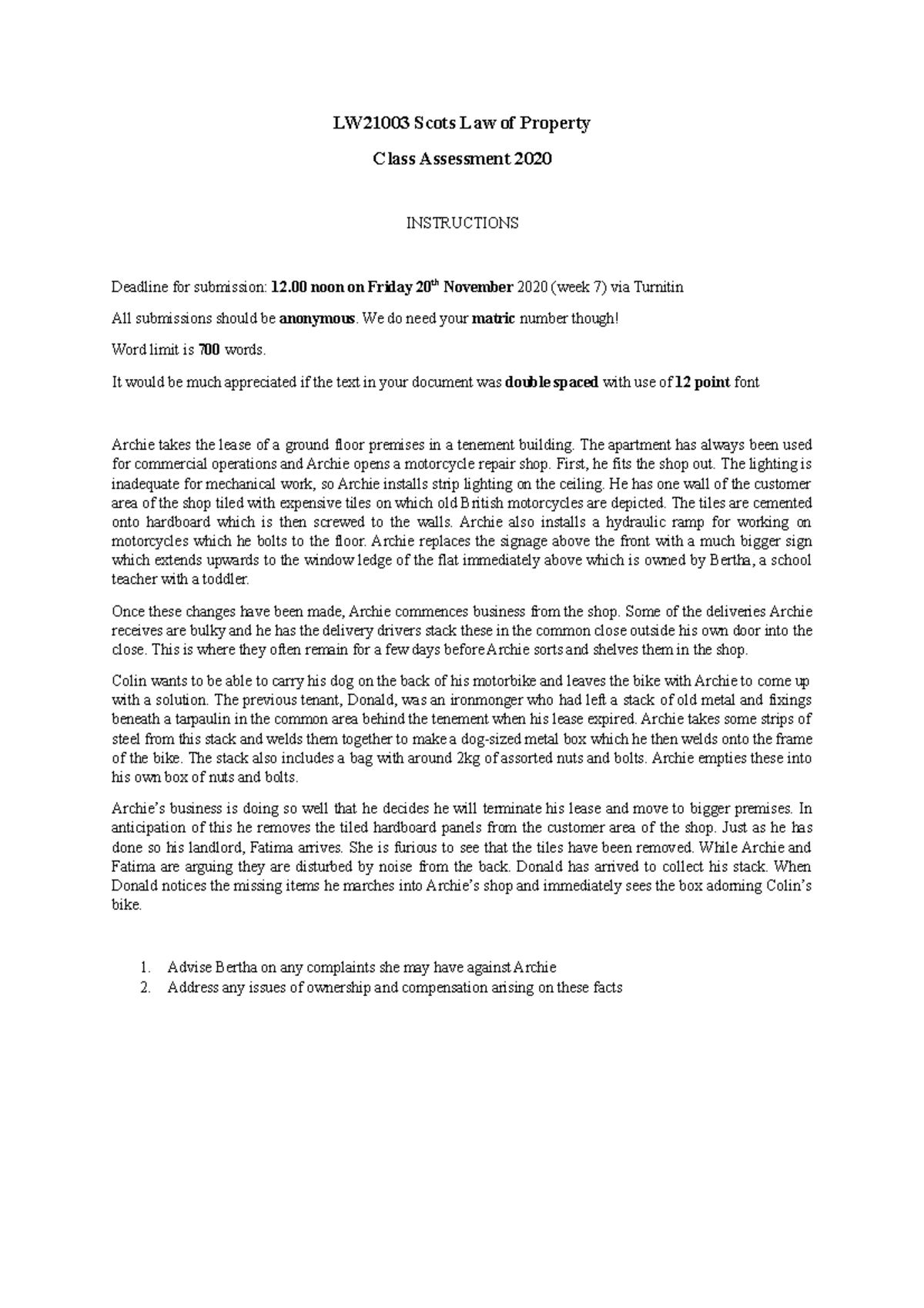 Class Assignment 2020 Final - LW21003 Scots Law of Property Class ...