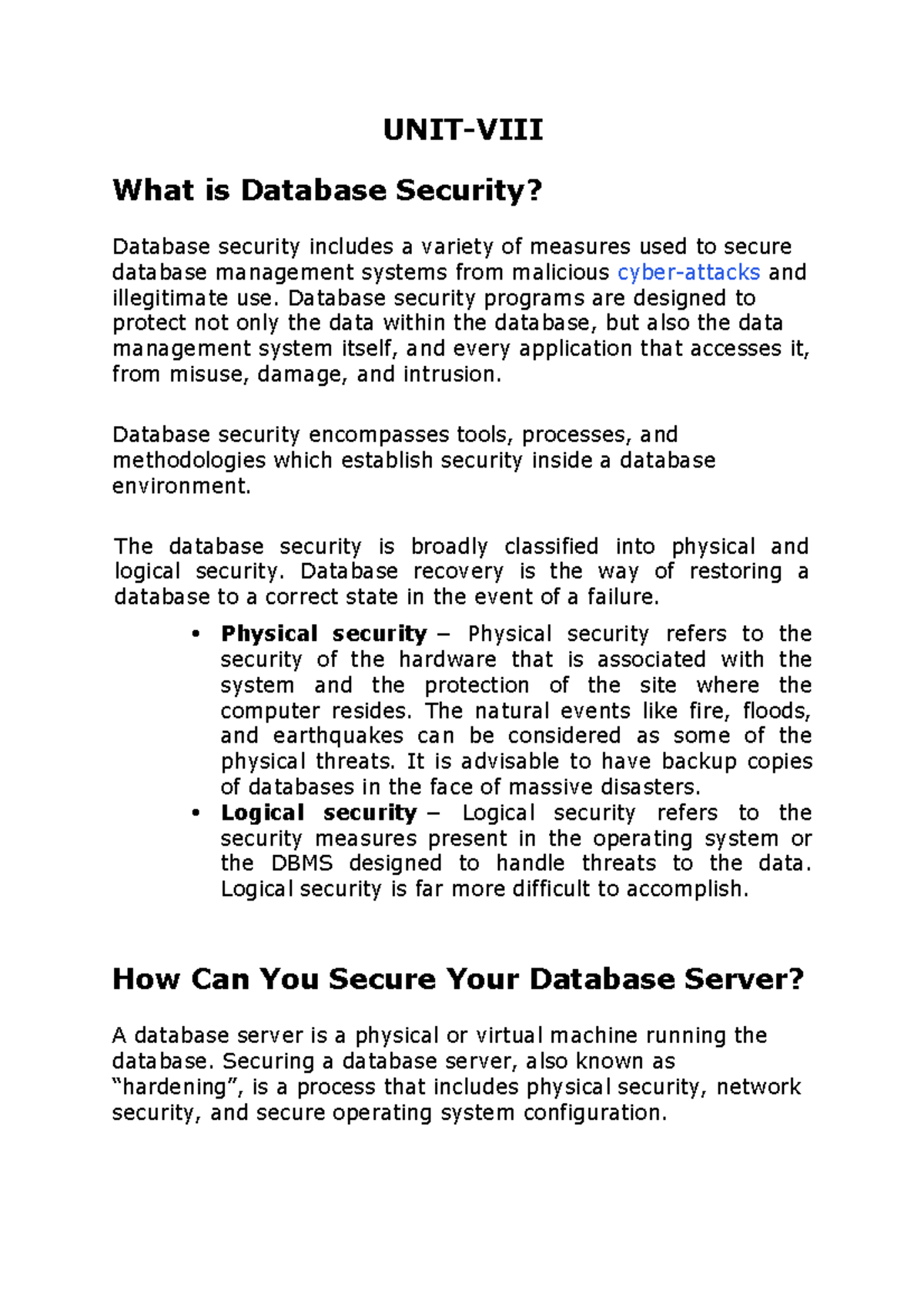 Database security - College notes - UNIT-VIII What is Database Security ...