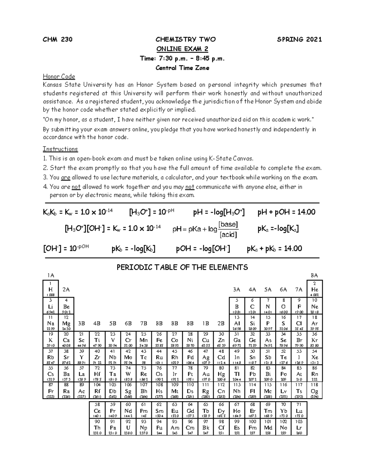 Exam 2 Cover Page - CHM 230 CHEMISTRY TWO SPRING 2021 ONLINE EXAM 2 ...