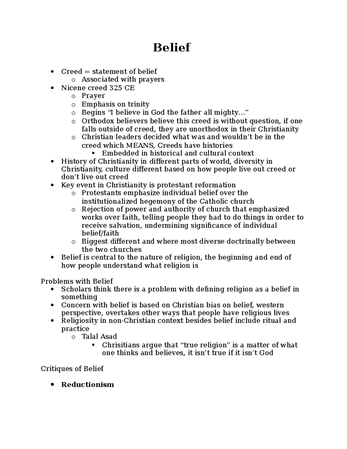 Belief and Religion - Belief Creed = statement of belief o Associated ...