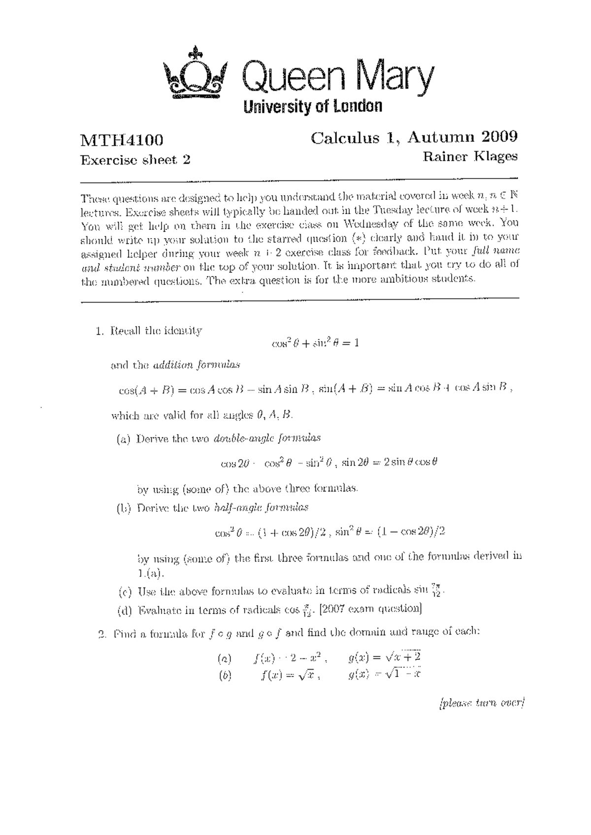 Exercise Sheet 2 - Questions - ”PM, University of London MTH4100 ...