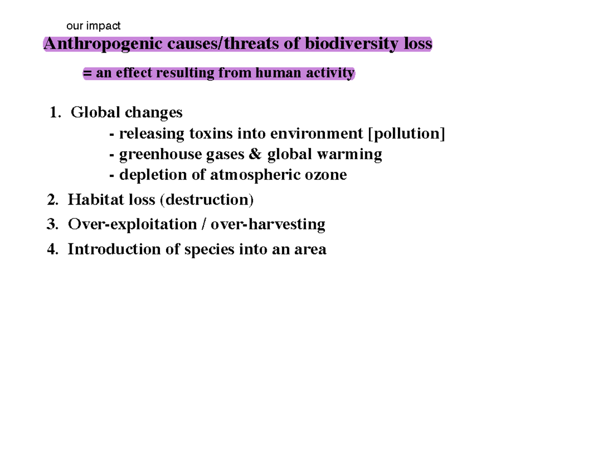 Module 9 - bio notes - Anthropogenic causes/threats of biodiversity ...