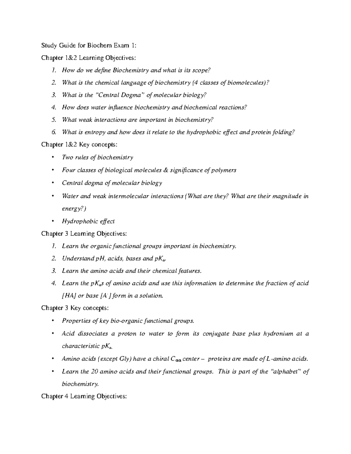 Study Guide for Biochem Exam 1 - How do we define Biochemistry and what ...