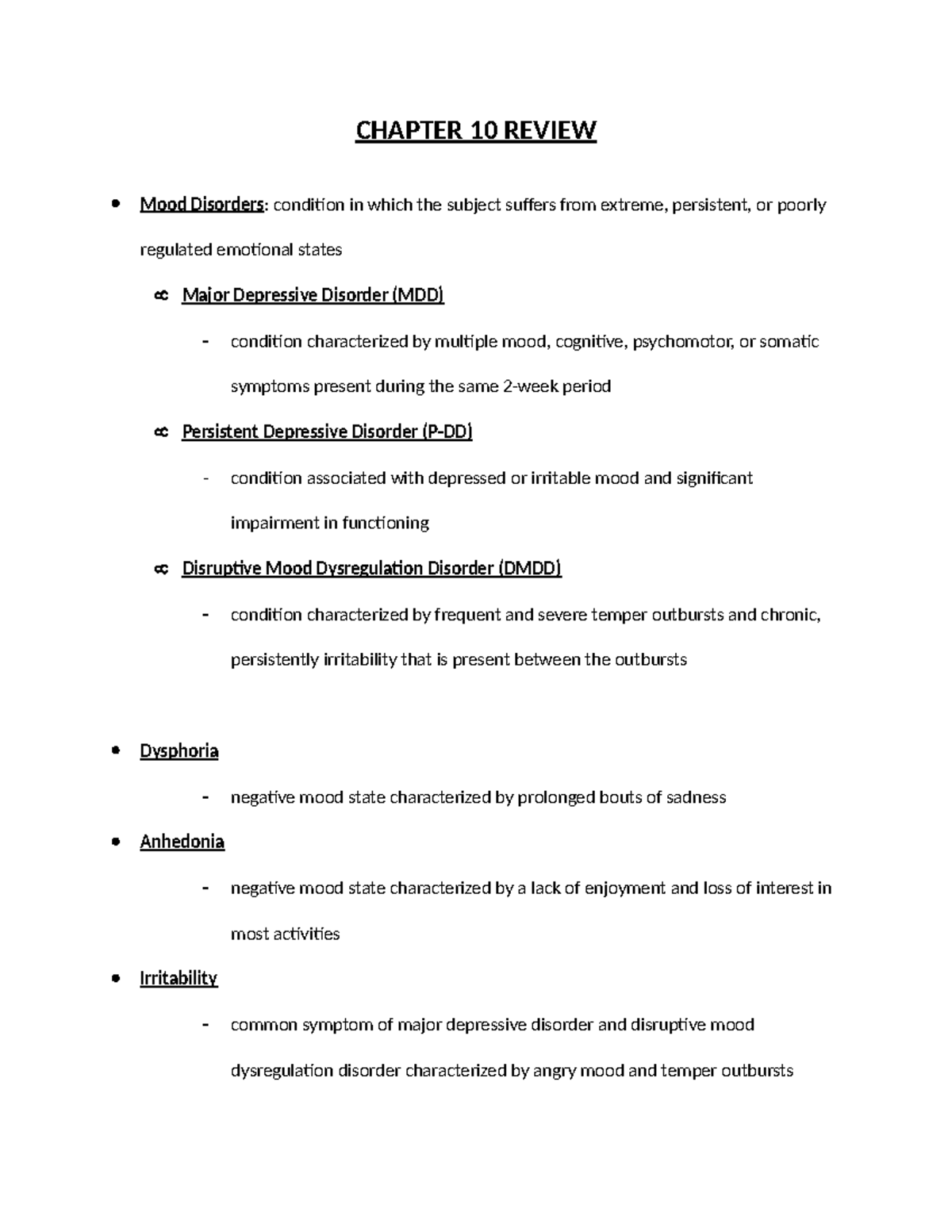 Chapter 10 Review - CHAPTER 10 REVIEW Mood Disorders: condition in ...
