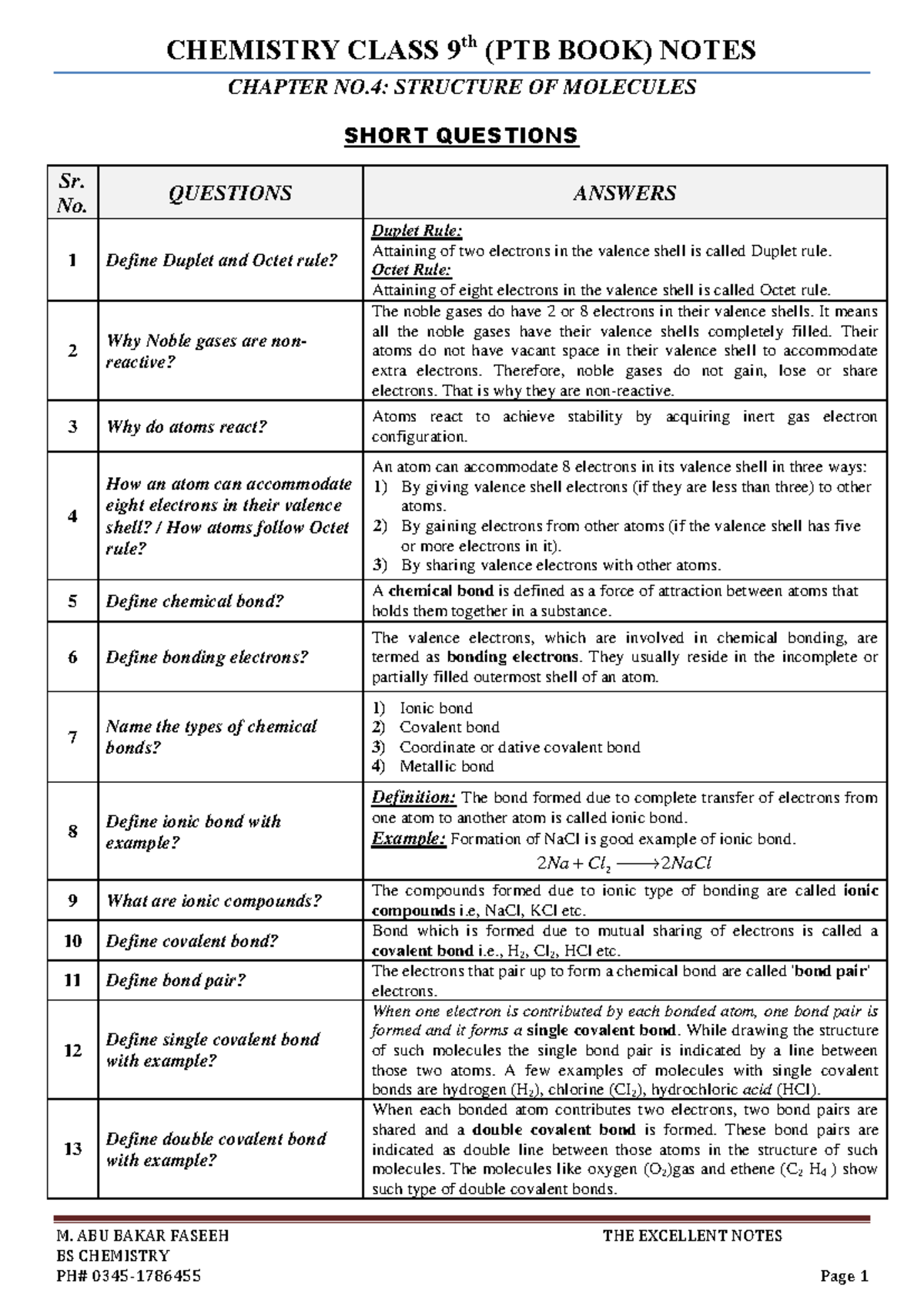 Chapter 4 Notes Class 9th - CHEMISTRY CLASS 9 (PTB BOOK) NOTES CHAPTER ...