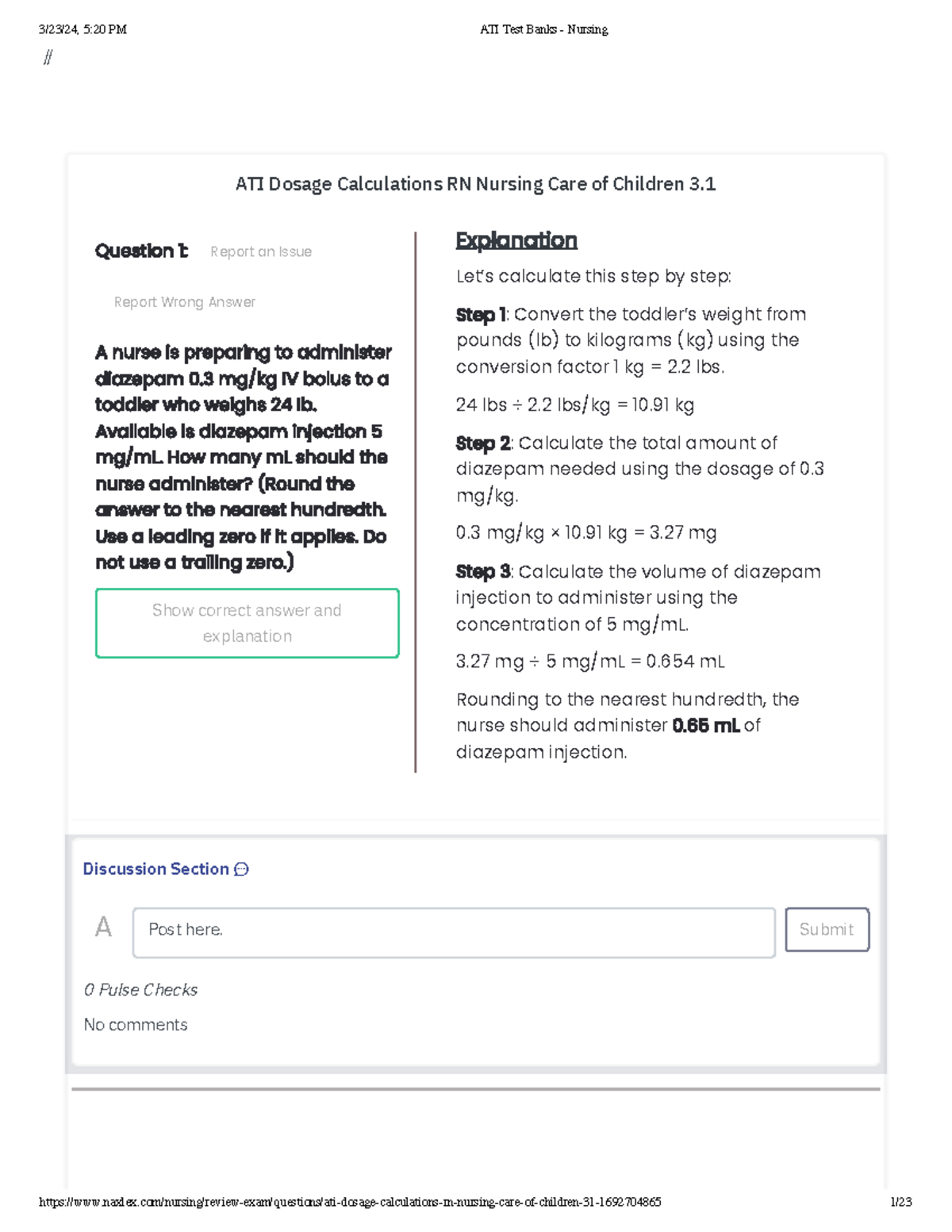 ATI Dosage Calculation RN Nursing Care of Children - 1 Question 1 ...