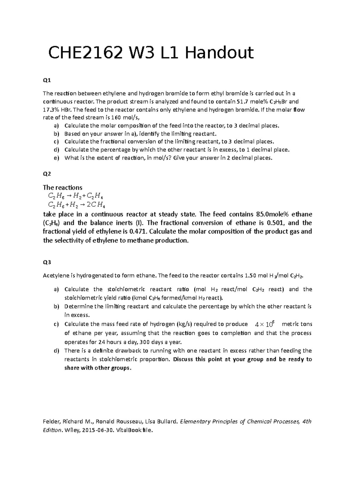 CHE2162 W3 L1 Handout - CHE2162 W3 L1 Handout Q The reaction between ...