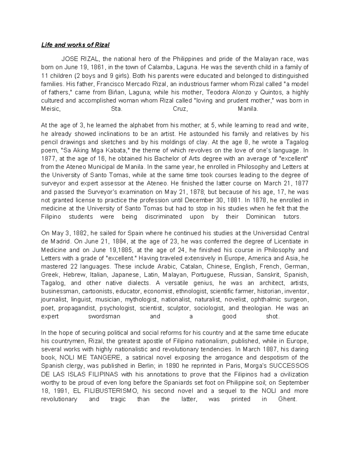 21694647-Life-and-Works-of-Rizal lecture notes and assignment - Life ...