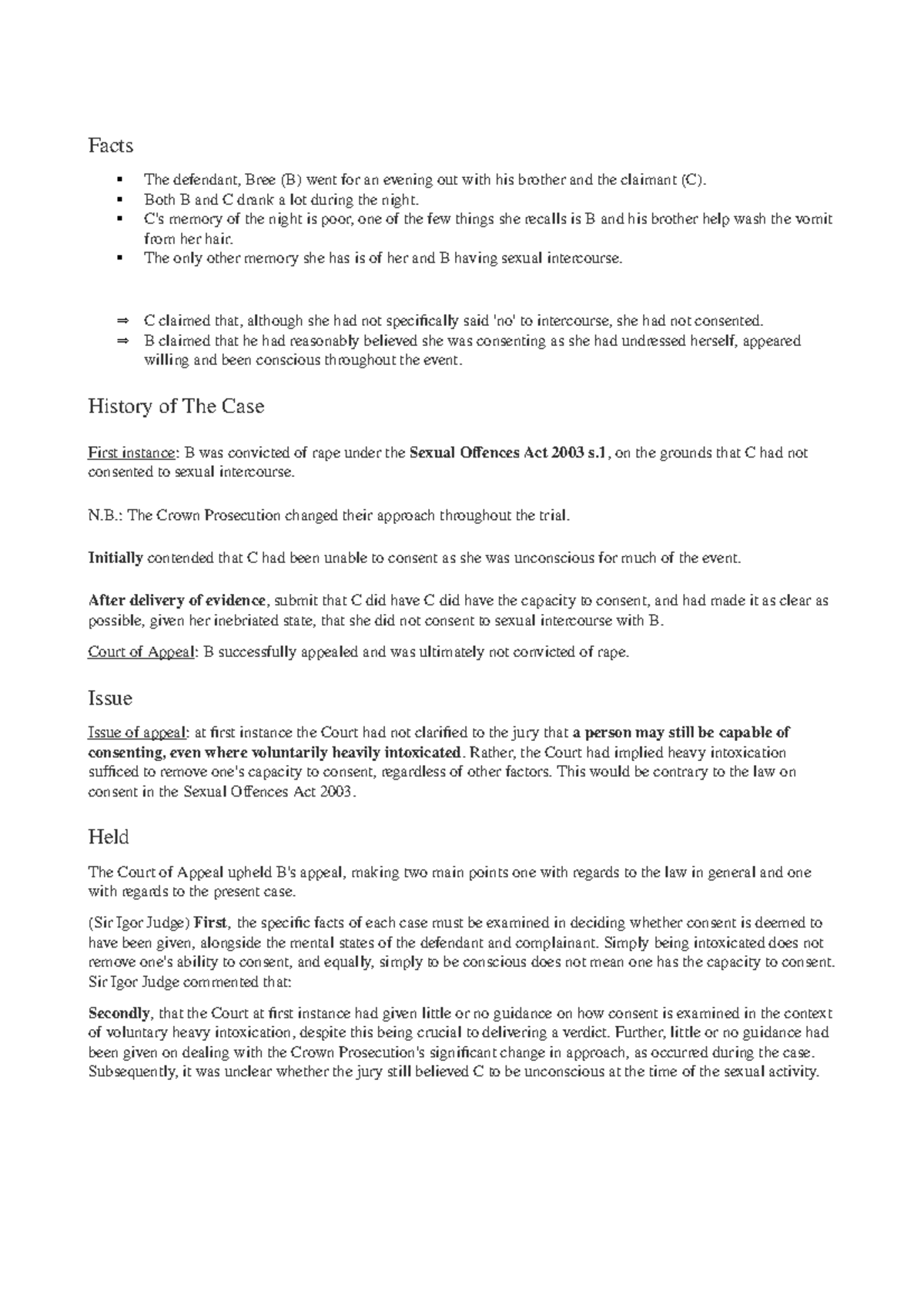 R v Bree - This brief summary provides a good insight into the R v Bree ...