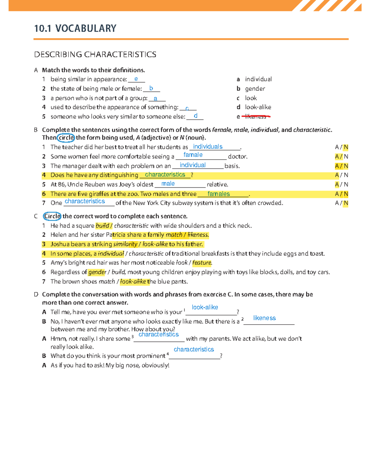 BUS Program Evolve 5 Lesson Plan 10 Handout 1 - DESCRIBING CHARACTERISTICS A Match the words to ...