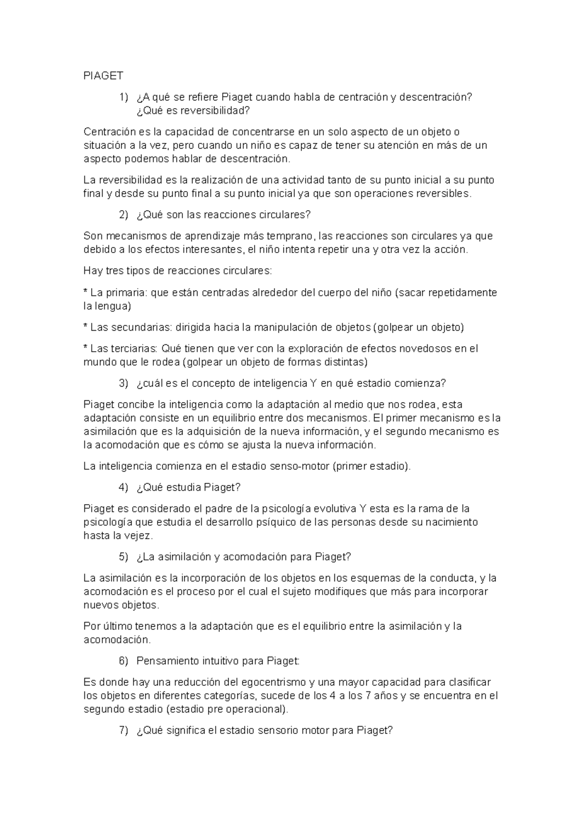 Piaget preguntas respuestas - PIAGET ¿A qué se refiere Piaget cuando ...