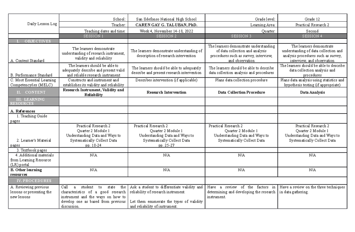 PR2 Quarter 2 WEEK 4 DLL - dll - Daily Lesson Log School: San Ildefonso ...