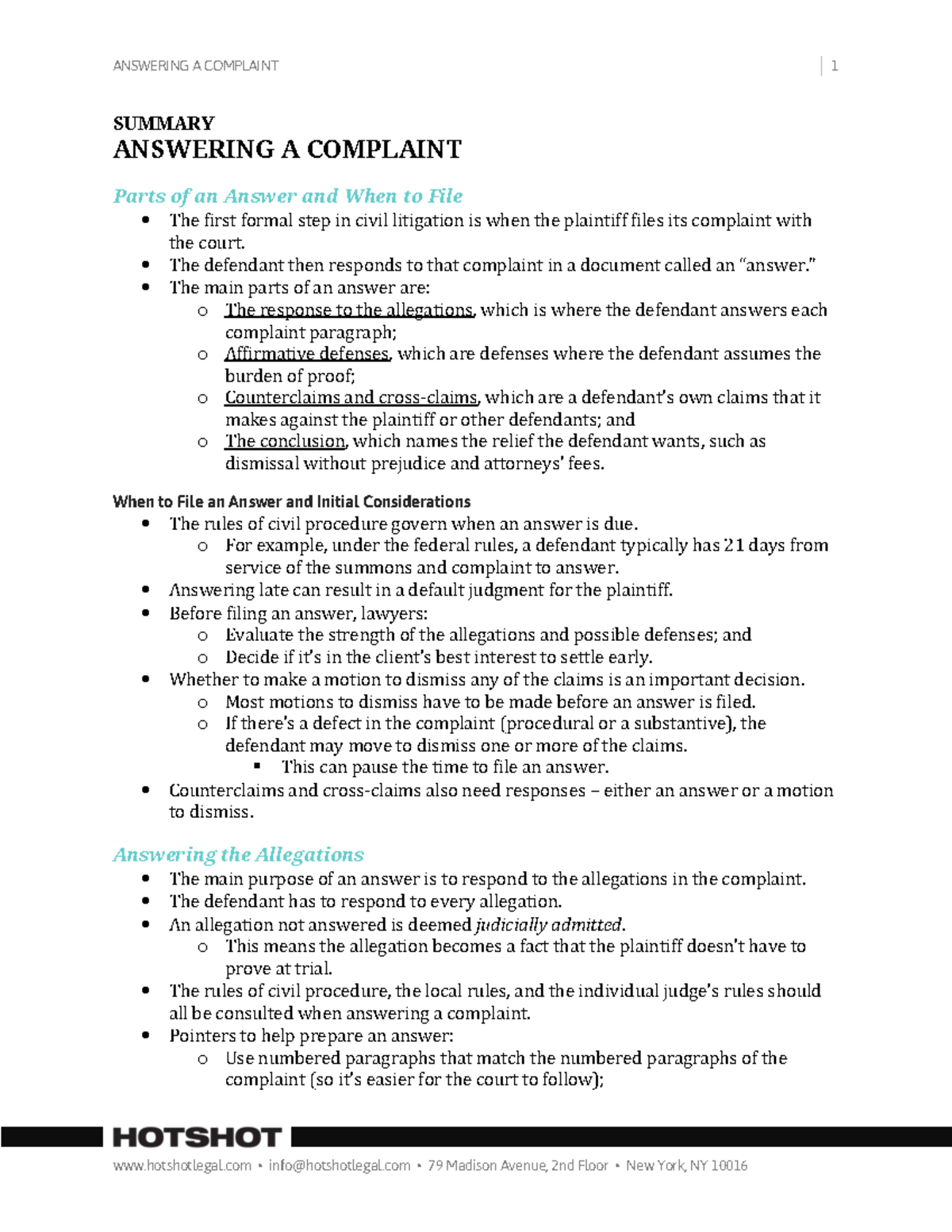 Answering a Complaint Summary - SUMMARY ANSWERING A COMPLAINT Parts of ...