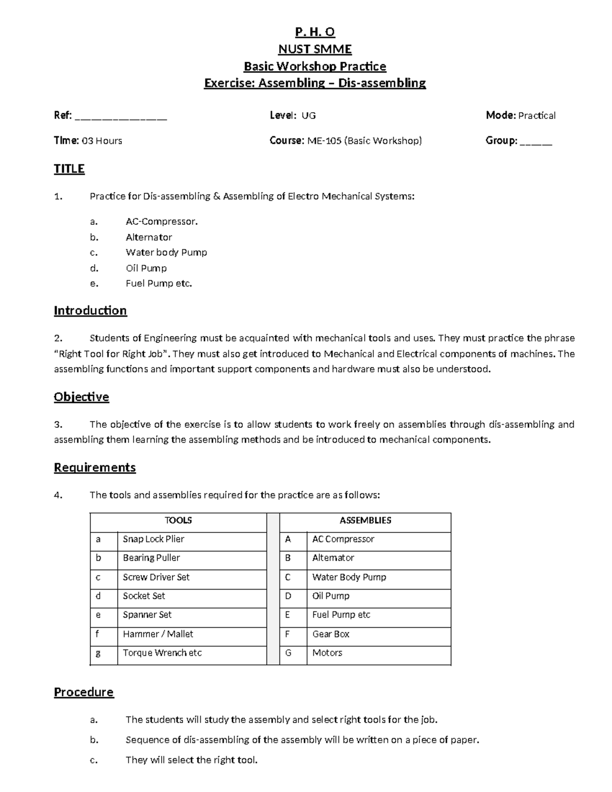 Assembling Disassembling - P. H. O NUST SMME Basic Workshop Practice ...