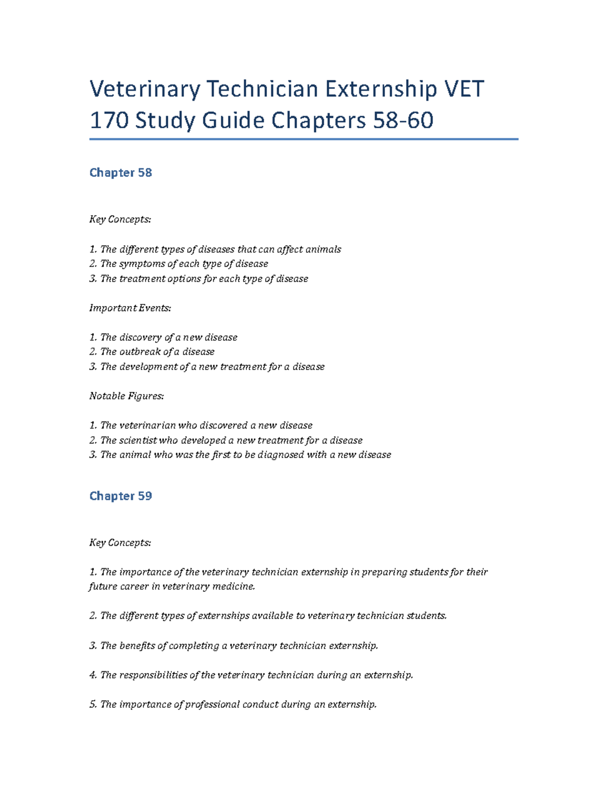 Veterinary Technician Externship VET 170 Study Guide Chapters 58-60 ...
