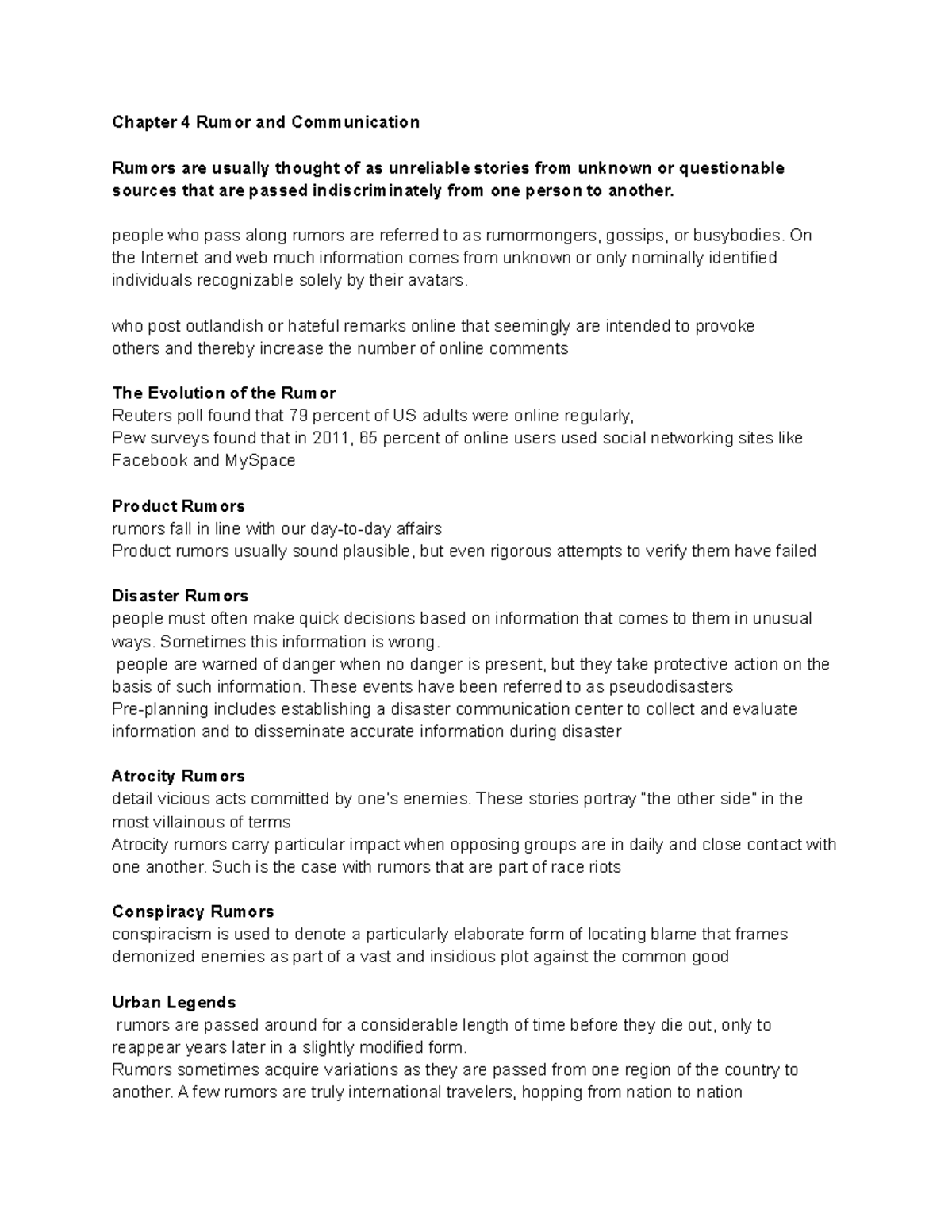 Chapter 4 and 5 Key points - Chapter 4 Rumor and Communication Rumors ...