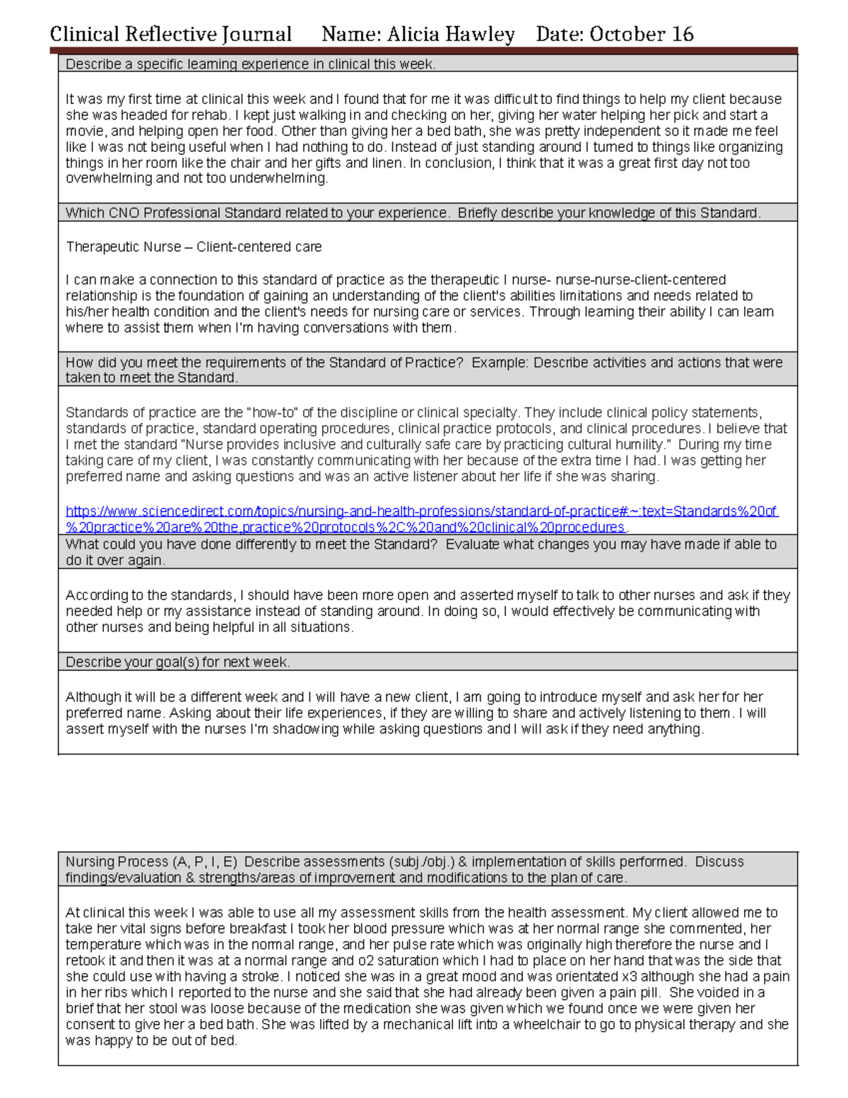 Example of Reflective Journal 2020docx - Clinical Reflective Journal ...