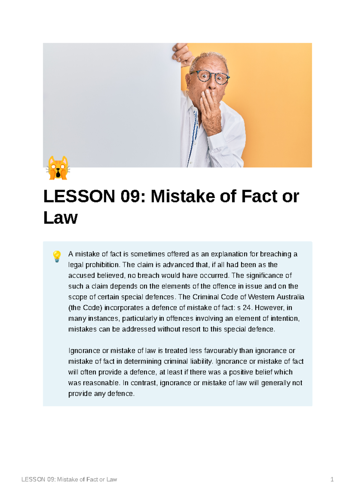 Lesson 09 Mistake of Fact or Law - ¶ LESSON 09: Mistake of Fact or Law ...