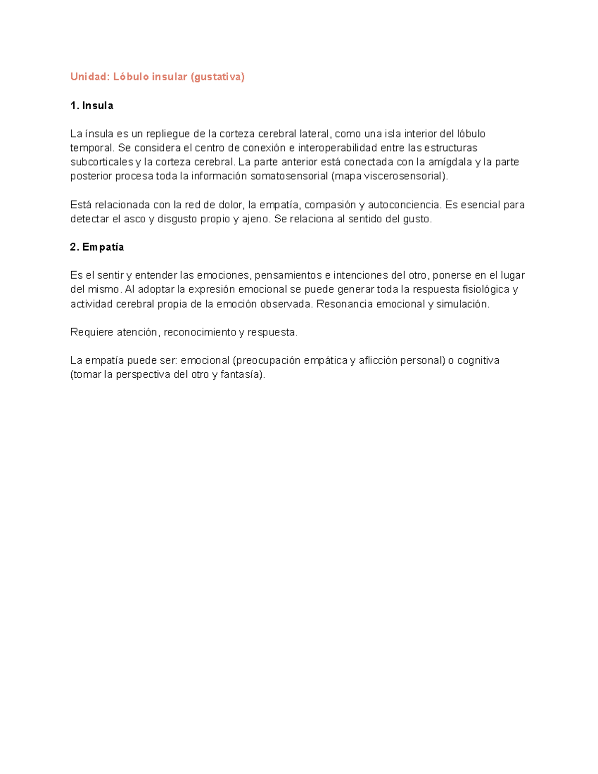 Lobulo insular - Unidad: Lóbulo insular (gustativa) Insula La ínsula es ...