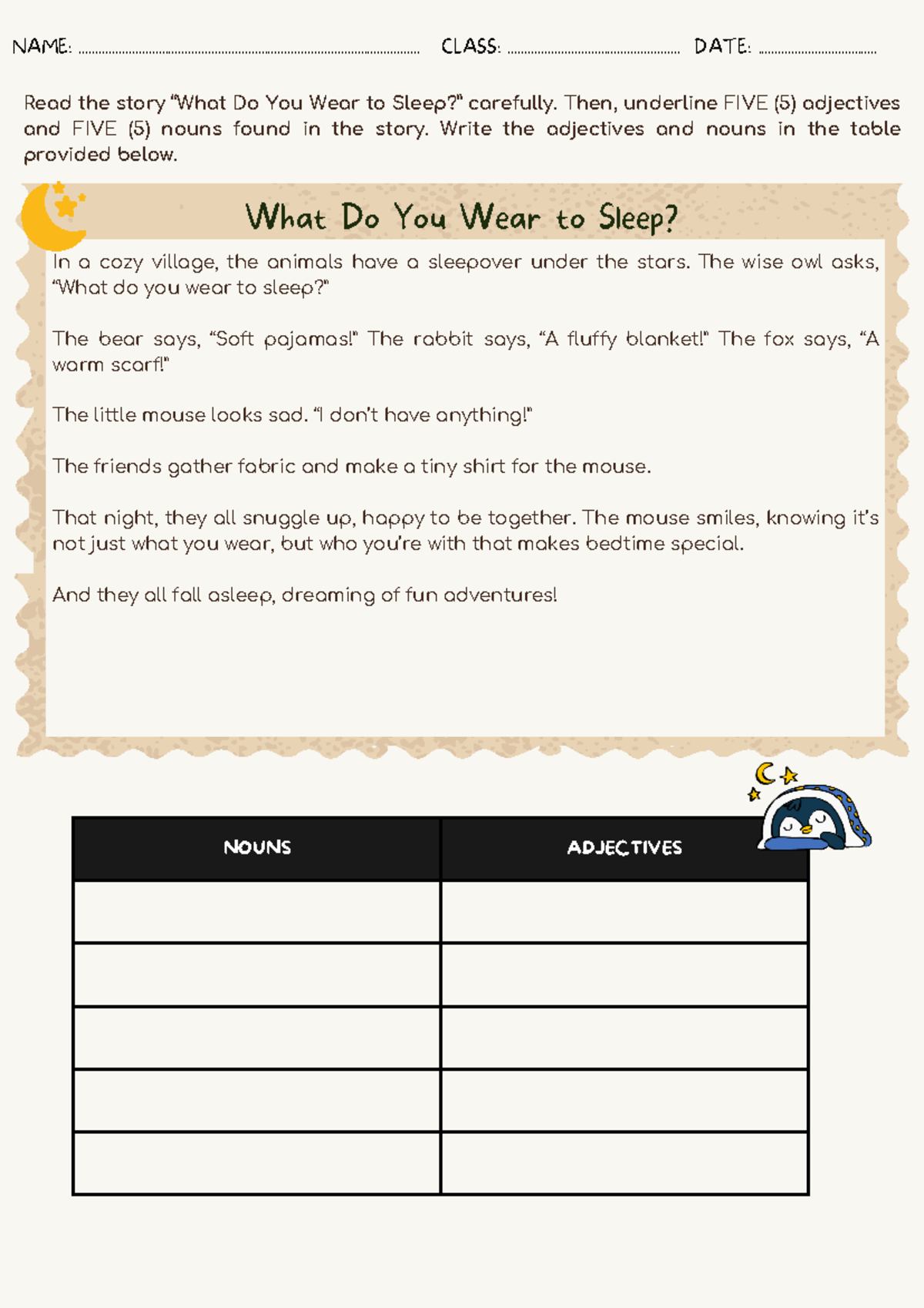 Adjective Worksheet (Year 2) - In a cozy village, the animals have a ...