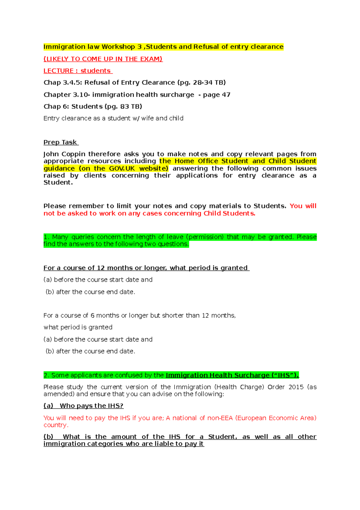 Immigration law Workshop 3 - 4: Refusal of Entry Clearance (pg. 28-34 ...