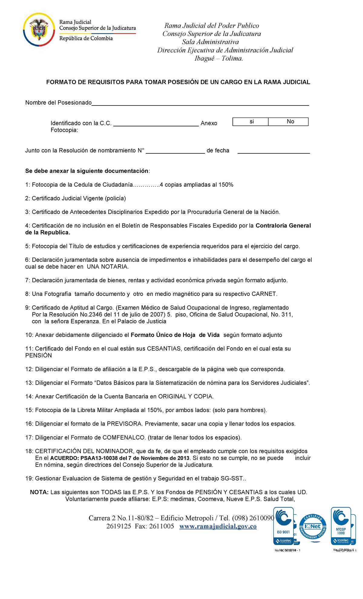 Formato de requisitos par tomar posesion de un cargo en la rama ...