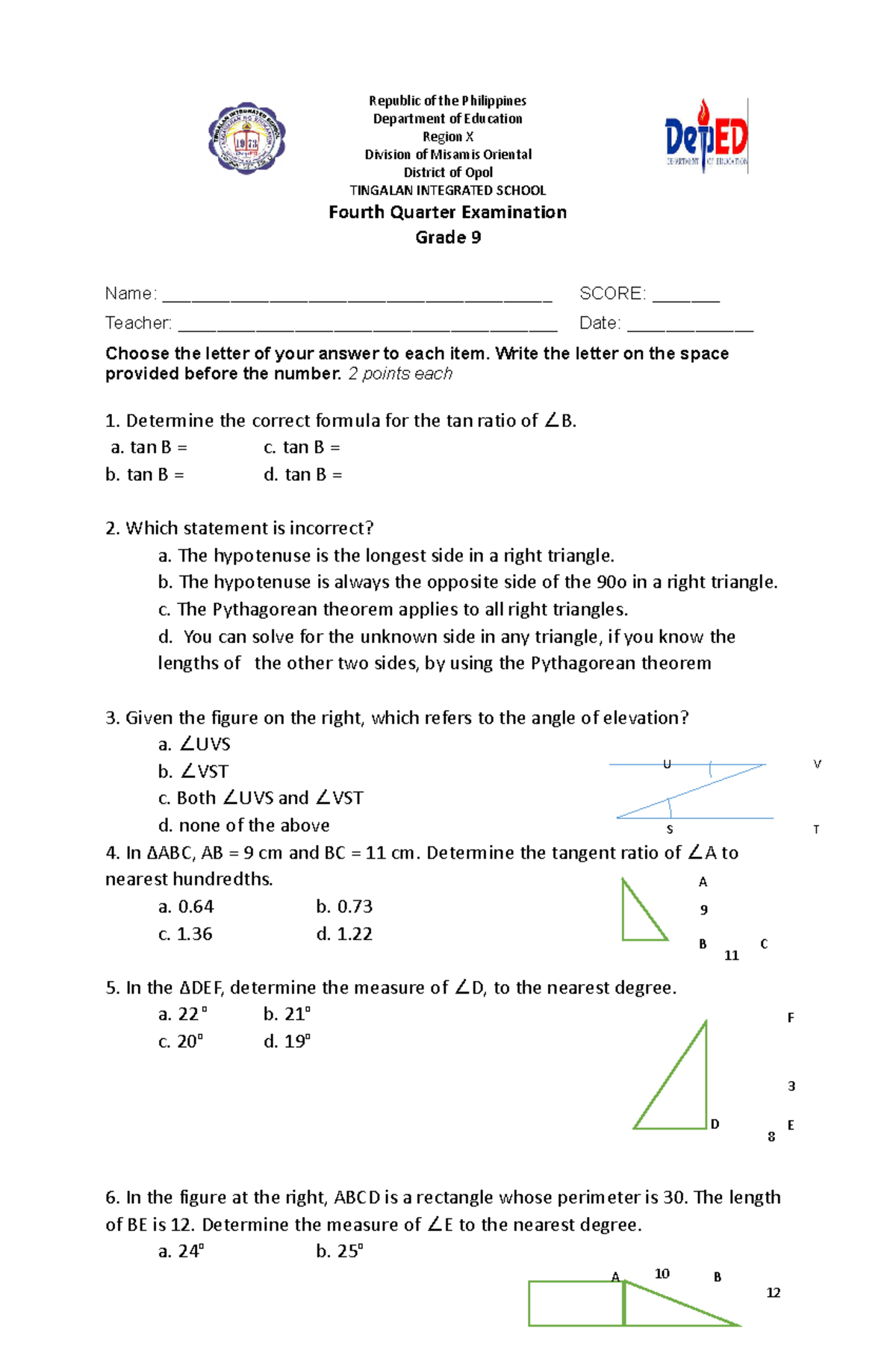 G9 fourth grading - learning - Republic of the Philippines Department ...