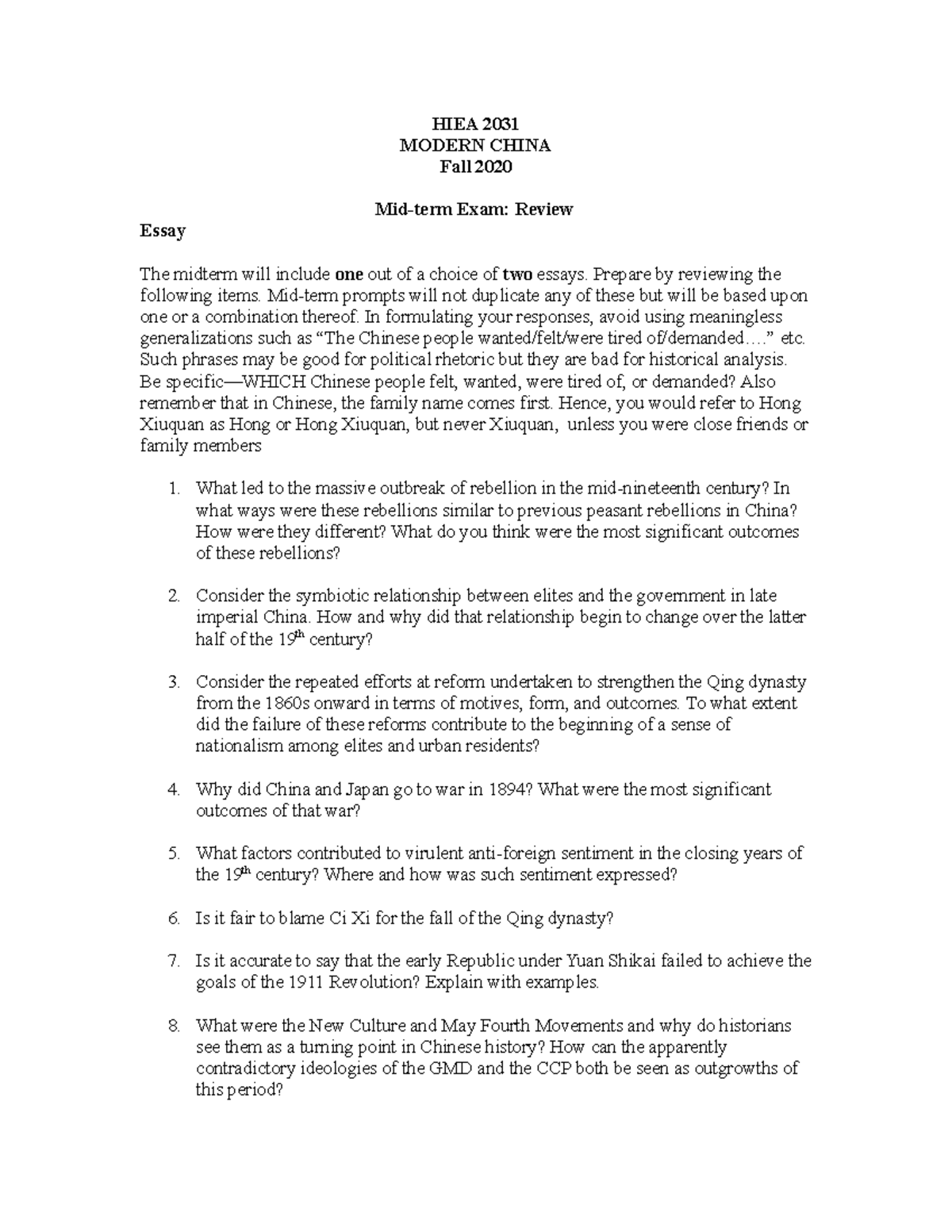 Midterm review - Notes - Bradley Reed - HIEA 2031 MODERN CHINA Fall ...