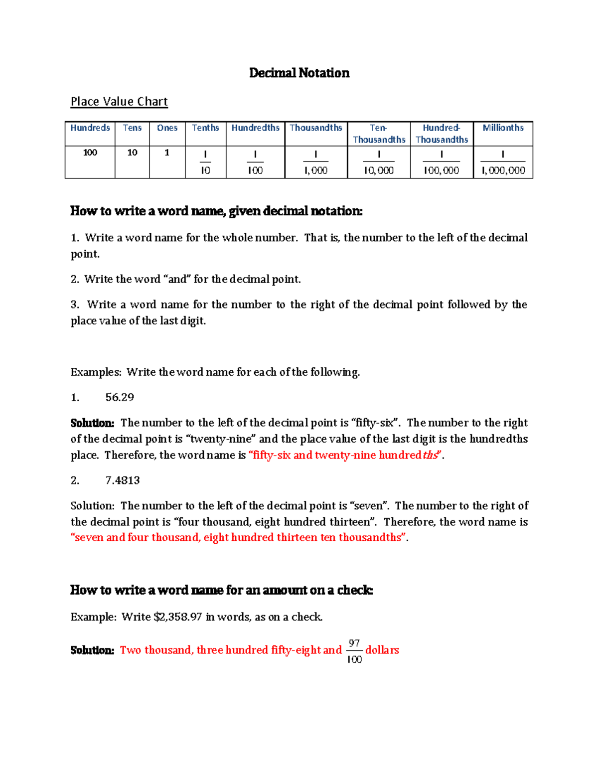 Decimal Notation and Rounding Notes-Math 0106 - Decimal Notation Place ...