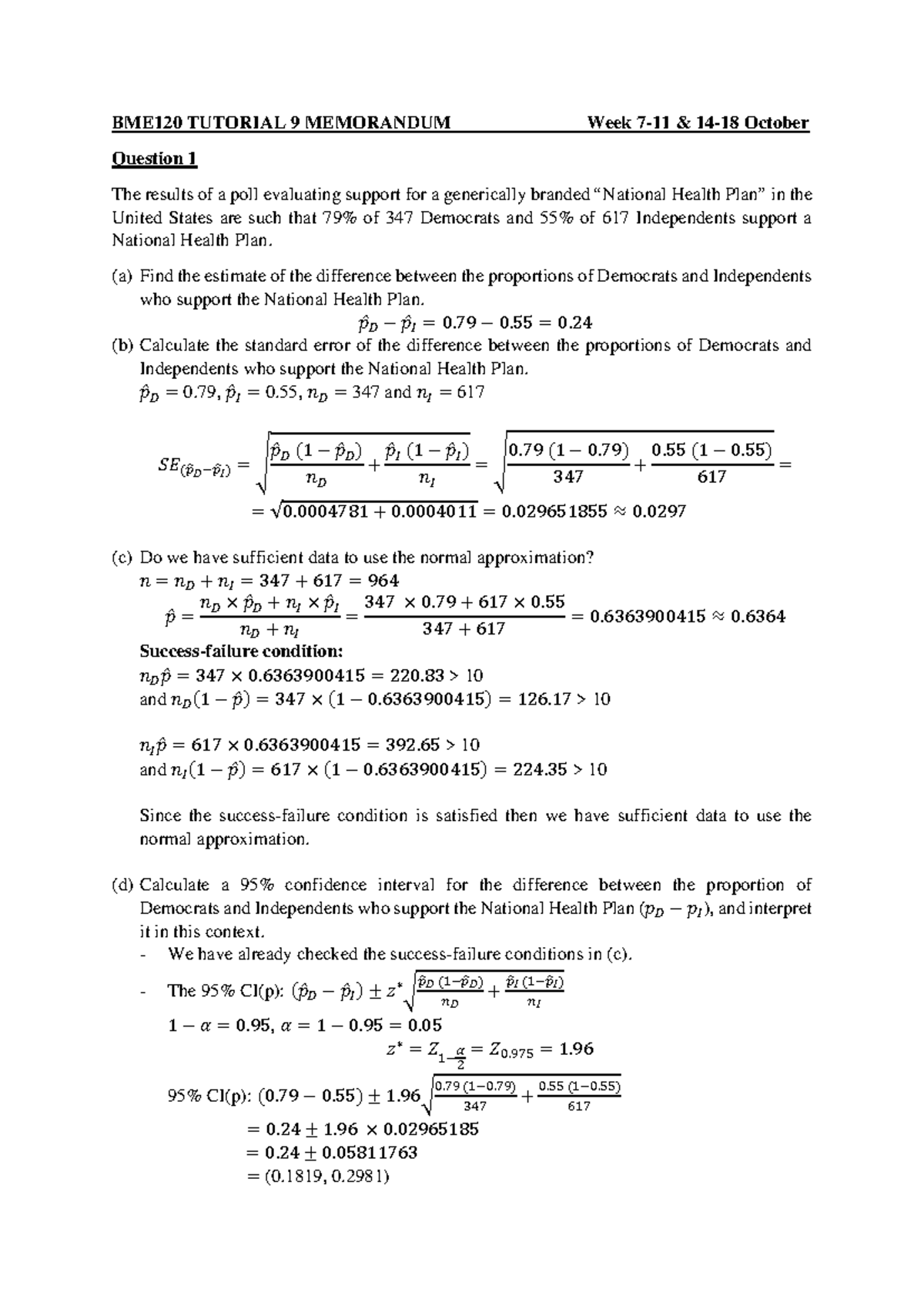 BME120 Tutorial 9 Memorandum updated - BME120 TUTORIAL 9 MEMORANDUM Week 7 - 11 & 14-18 October ...