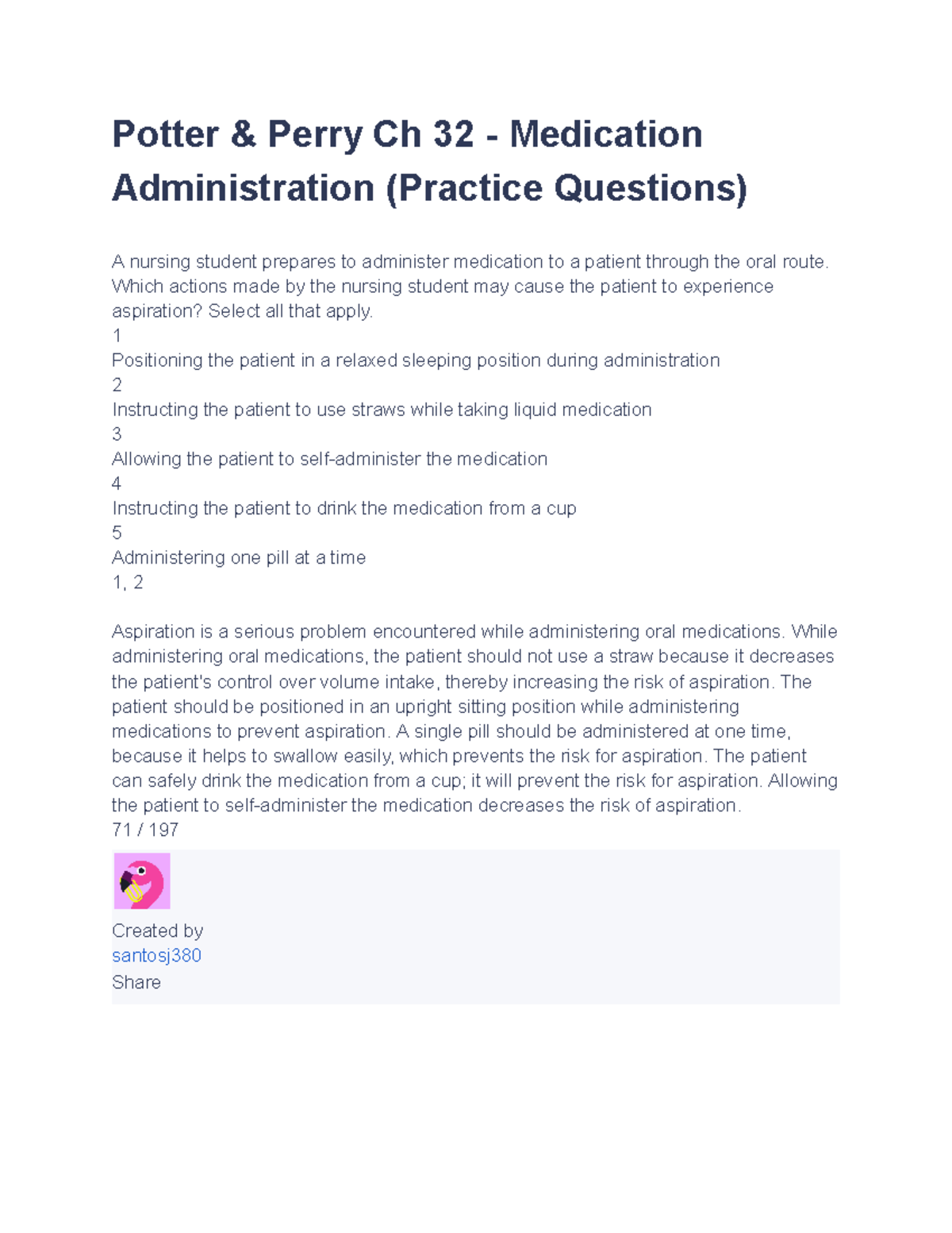 Potter & Perry Ch 32 - Medication Administration (Practice Questions ...