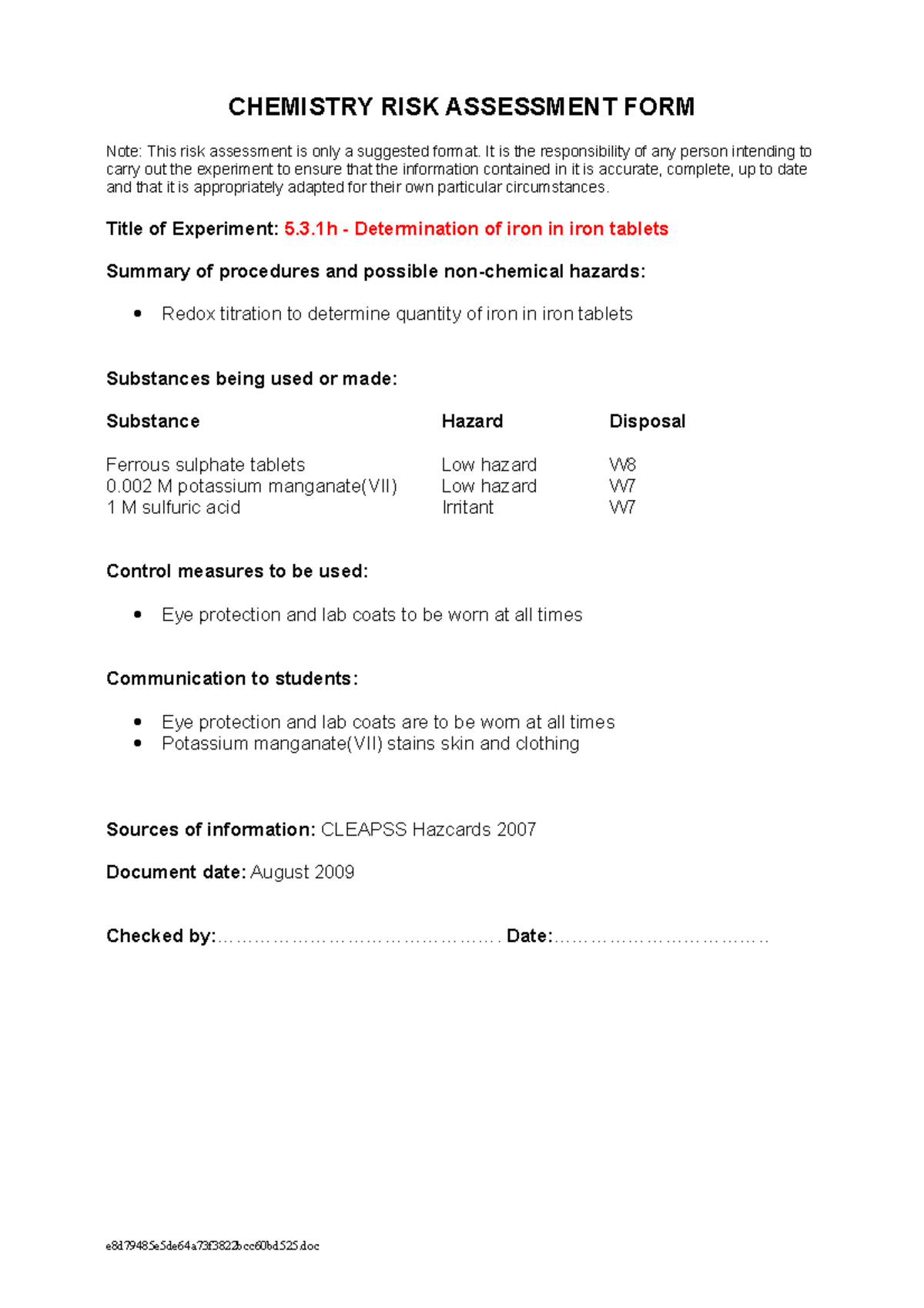 Chemistry RISK Assessment FORM - 5.3.1h - CHEMISTRY RISK ASSESSMENT ...
