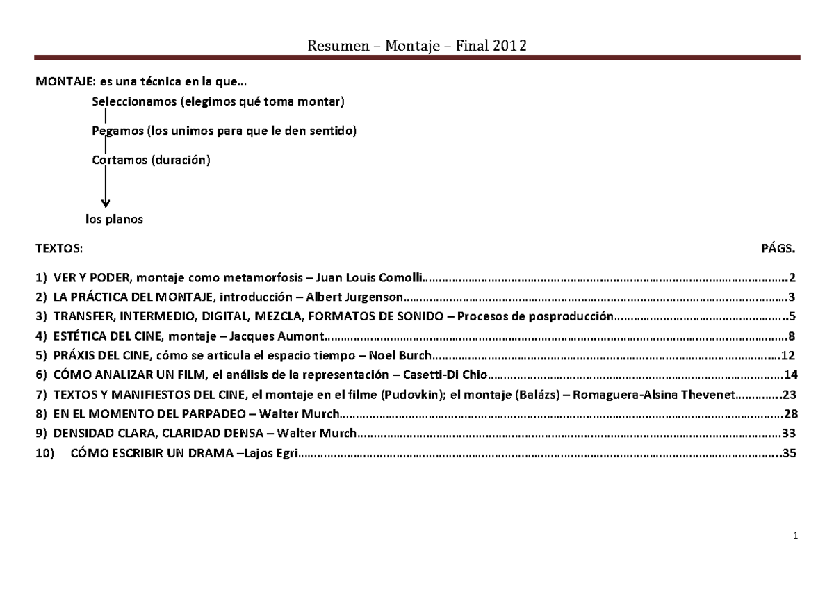 Resumen de montaje - Final - MONTAJE: es una técnica en la que ...