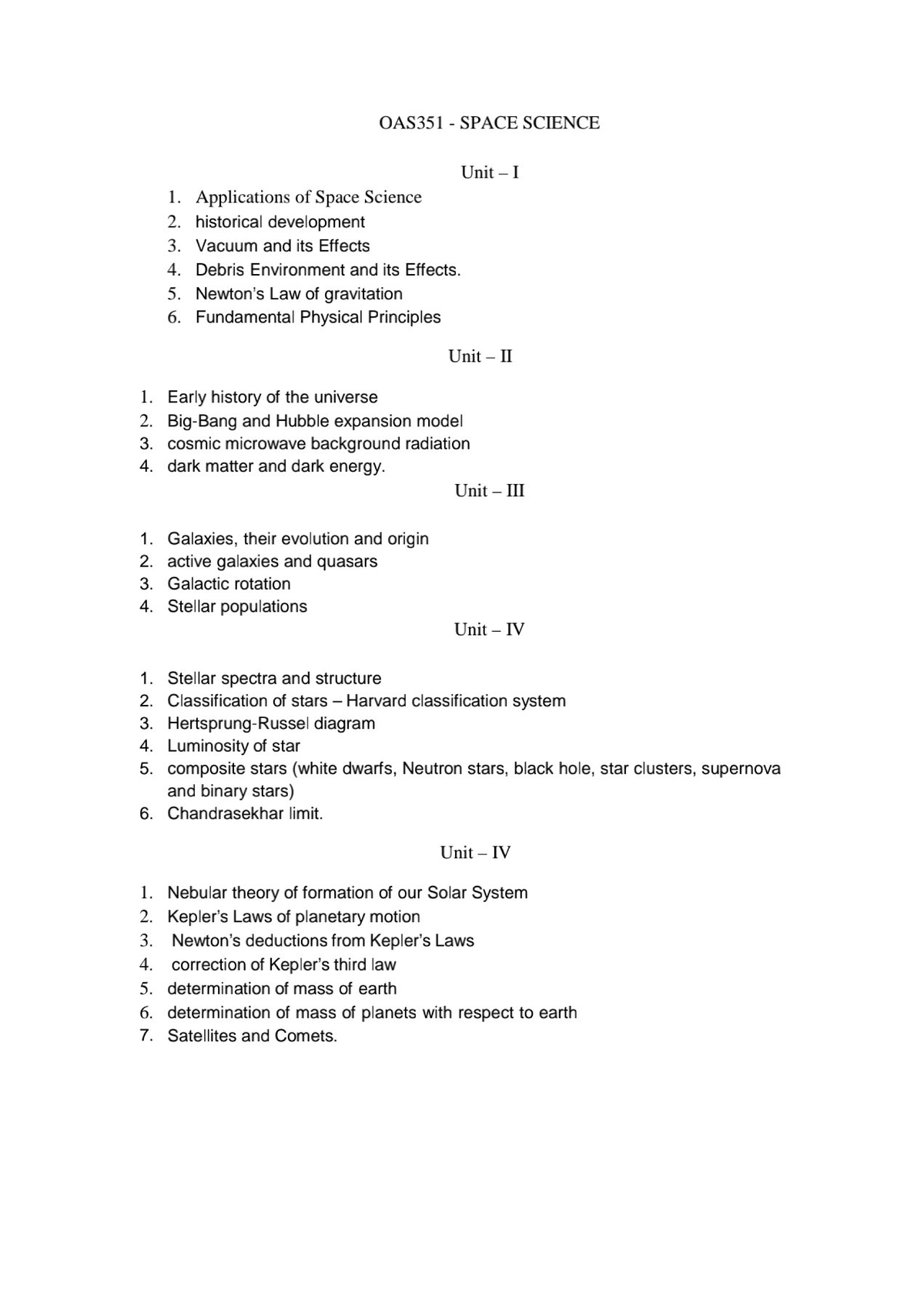 SS Important Question - No - OAS351 SPACE SCIENCE Unit I 1 ...