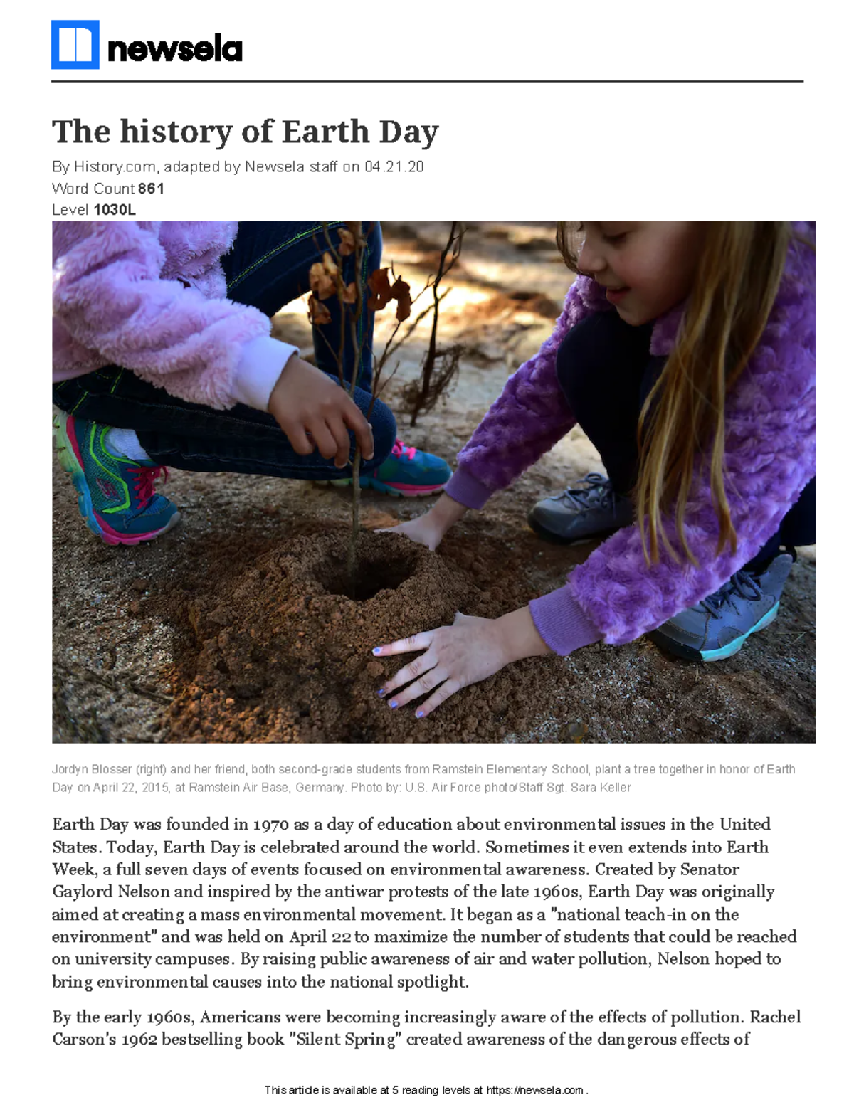 Newsela The History of Earth Day - This article is available at 5 ...