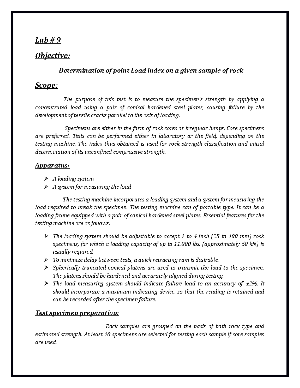 Point Load Sample Data Calculation - Lab # 9 Objective: Determination ...