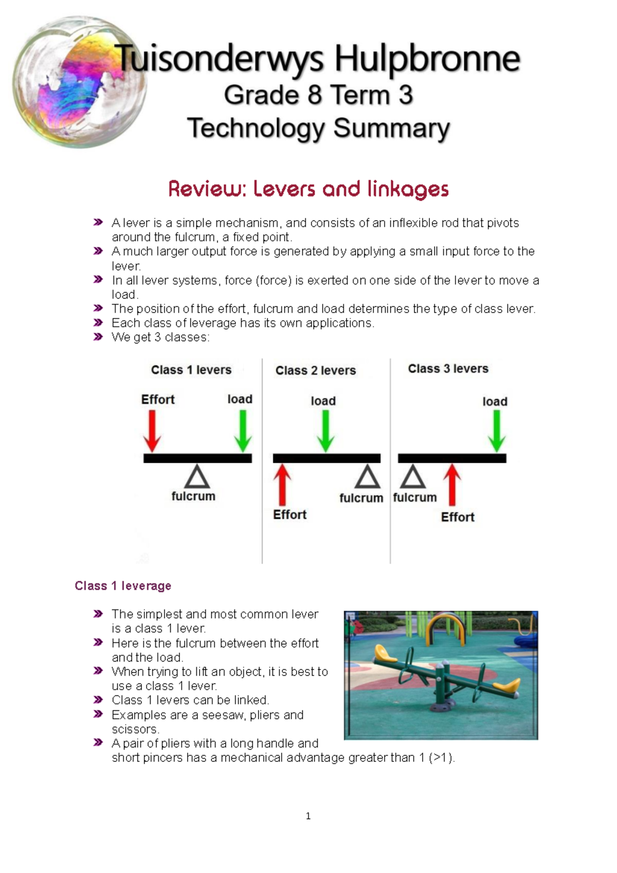 Grade-8-Term-3-Technology-Summary-udqrvu - A lever is a simple ...